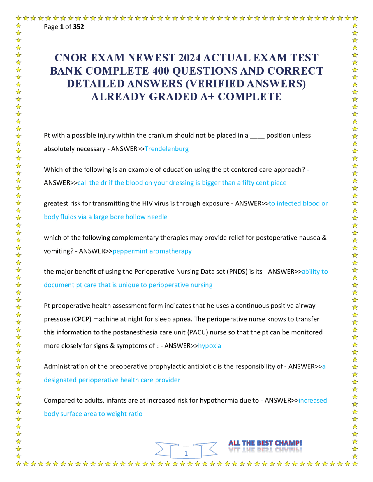 CNOR EXAM NEWEST 2024 ACTUAL EXAM TEST BANK COMPLETE 400 QUESTIONS AND ...