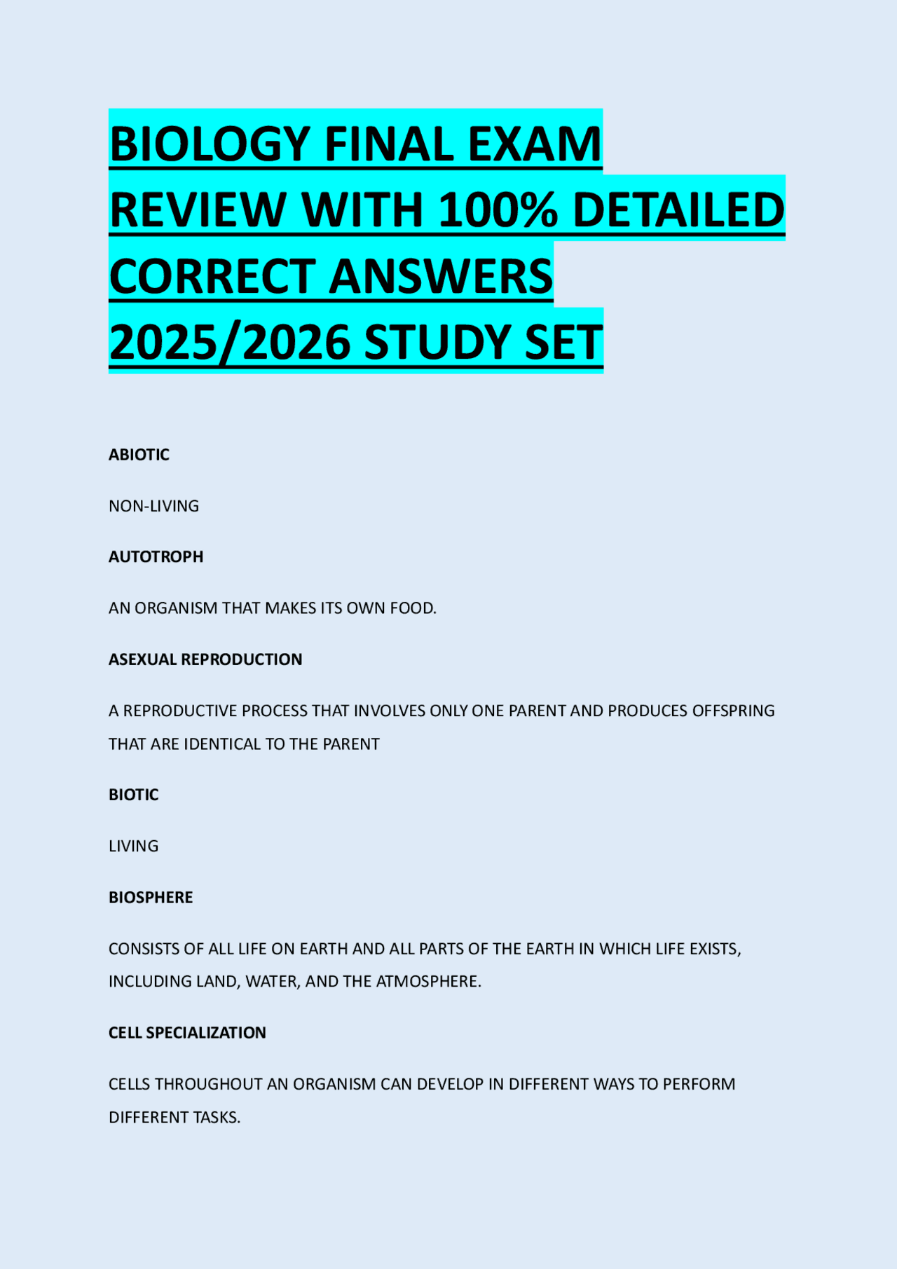 BIOLOGY FINAL EXAM REVIEW WITH 100% DETAILED CORRECT ANSWERS 2025/2026 ...