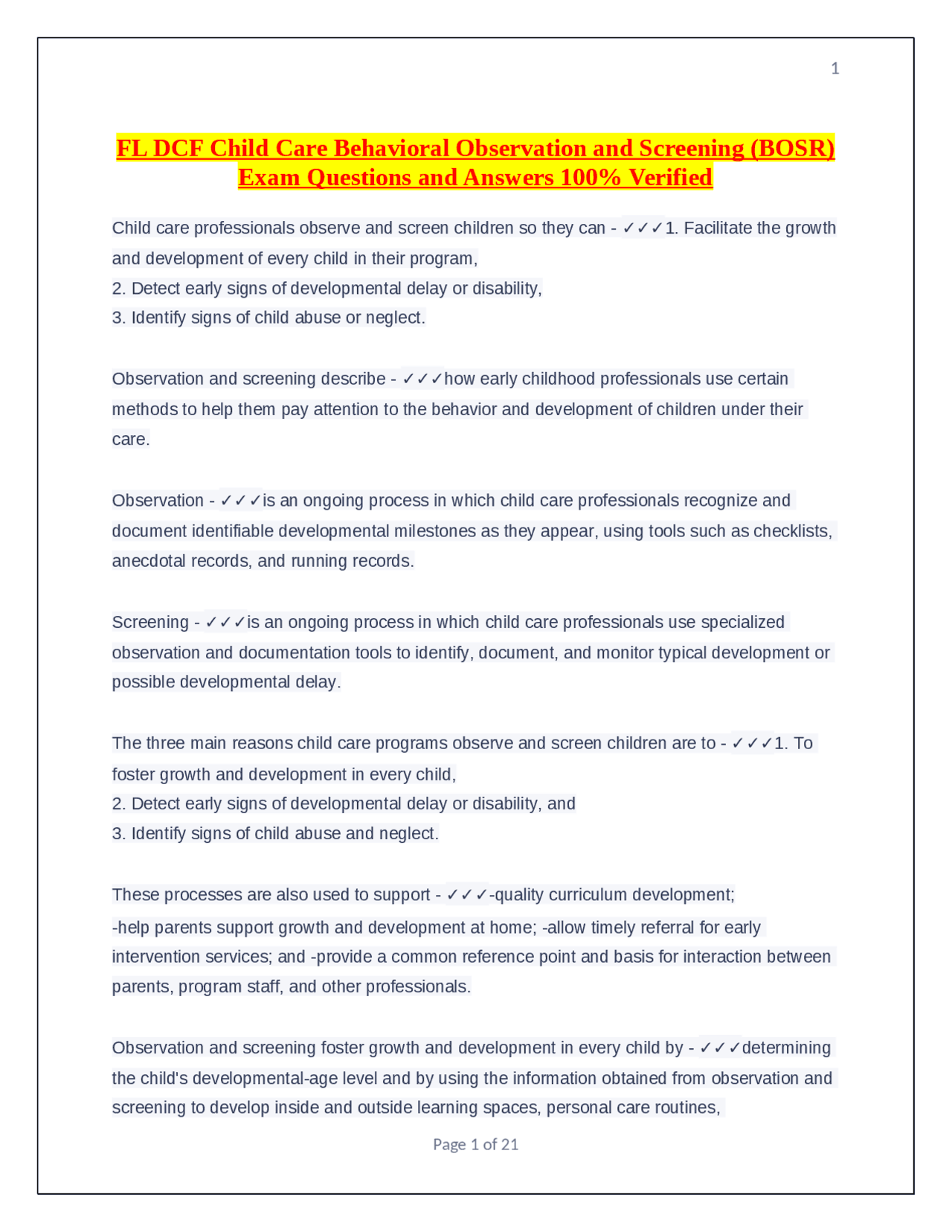 FL DCF Child Care Behavioral Observation and Screening (BOSR) Exam ...