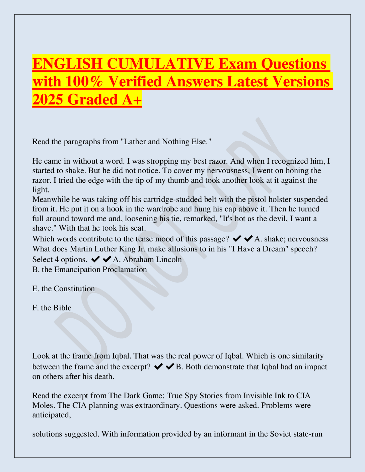 ENGLISH CUMULATIVE Exam Questions with 100% Verified Answers Latest ...
