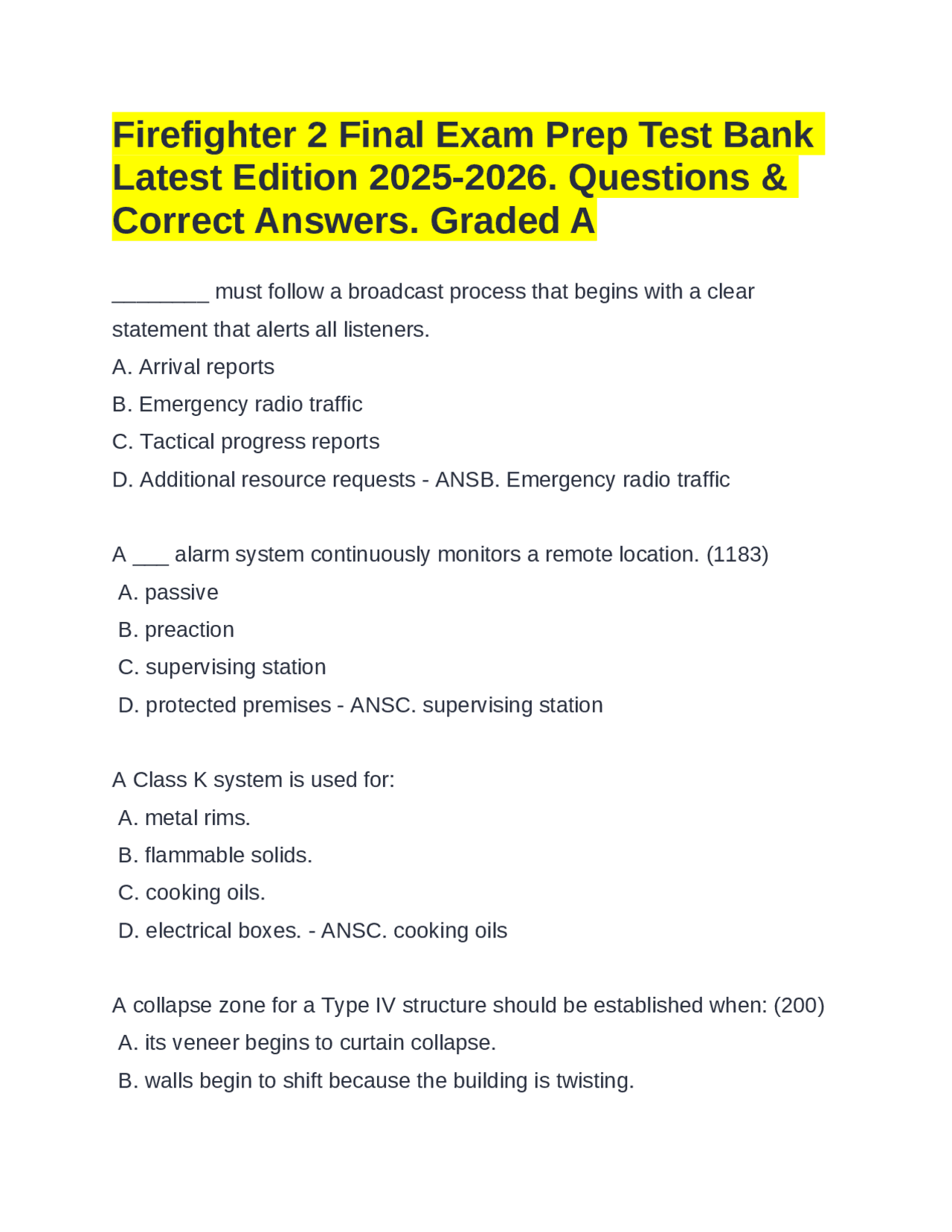 Firefighter 2 Final Exam Prep Test Bank Latest Edition 2025-2026 ...