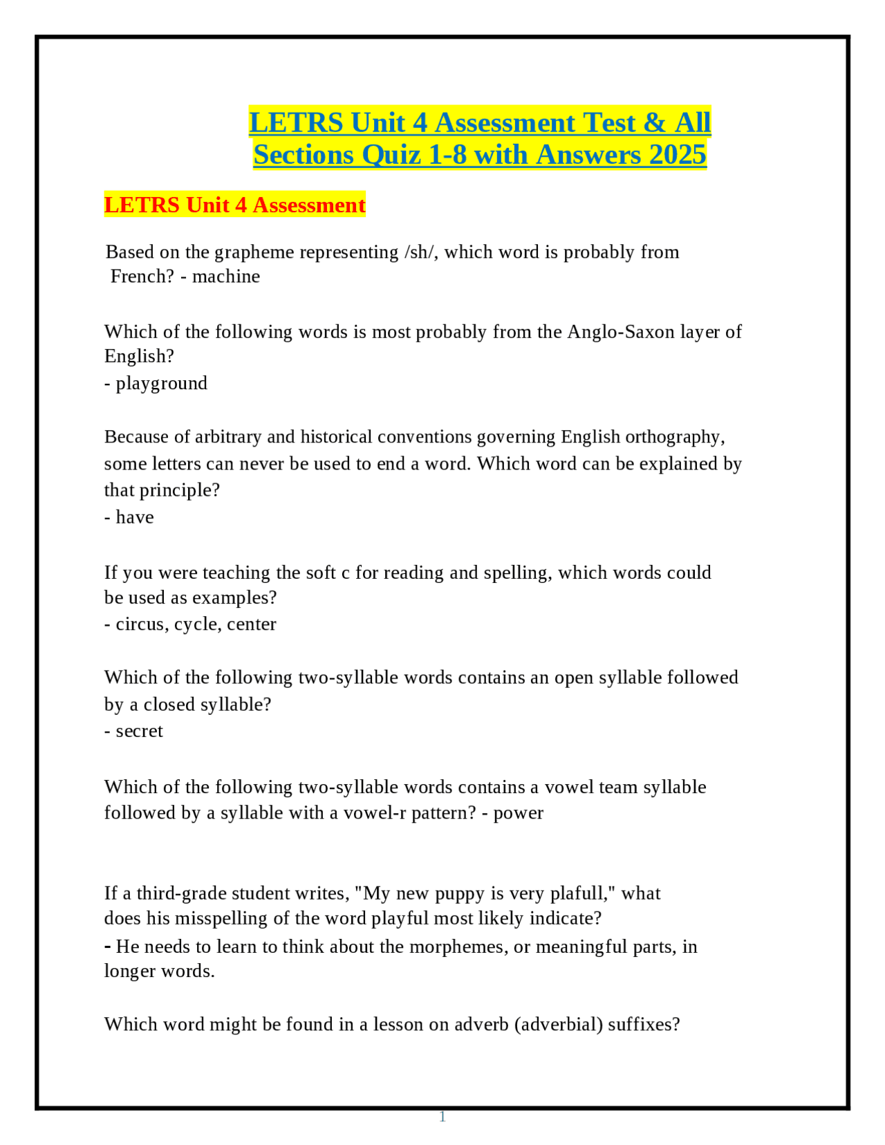 LETRS Unit 4 Assessment Test & All Sections Quiz 1-8 with Answers 2025 ...