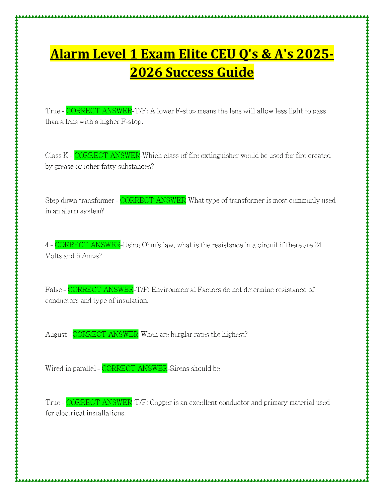 Alarm Level 1 Exam Elite CEU Q's & A's 2025- 2026 Success Guide | Exams ...