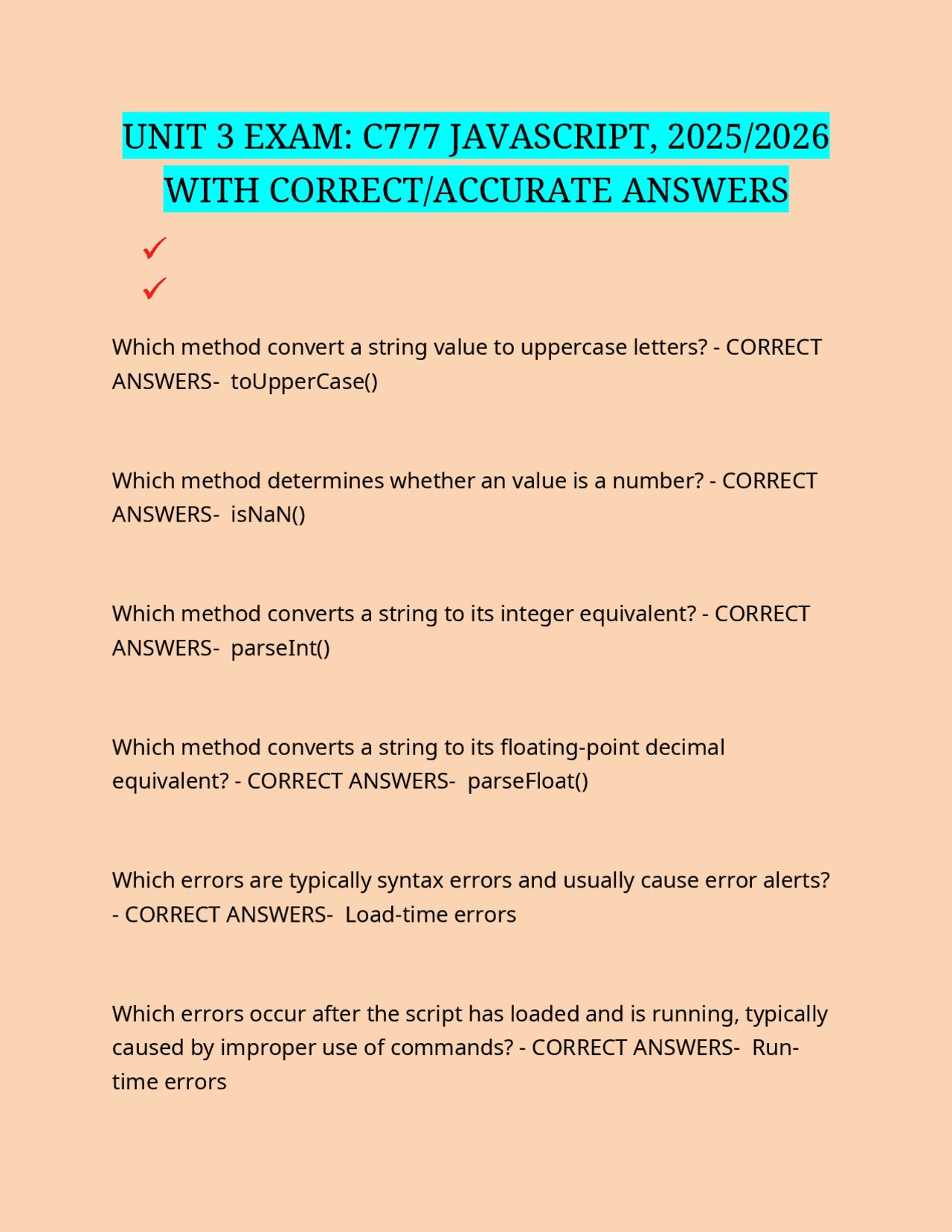 UNIT 3 EXAM: C777 JAVASCRIPT, 2025/2026 WITH CORRECT/ACCURATE ANSWERS ...