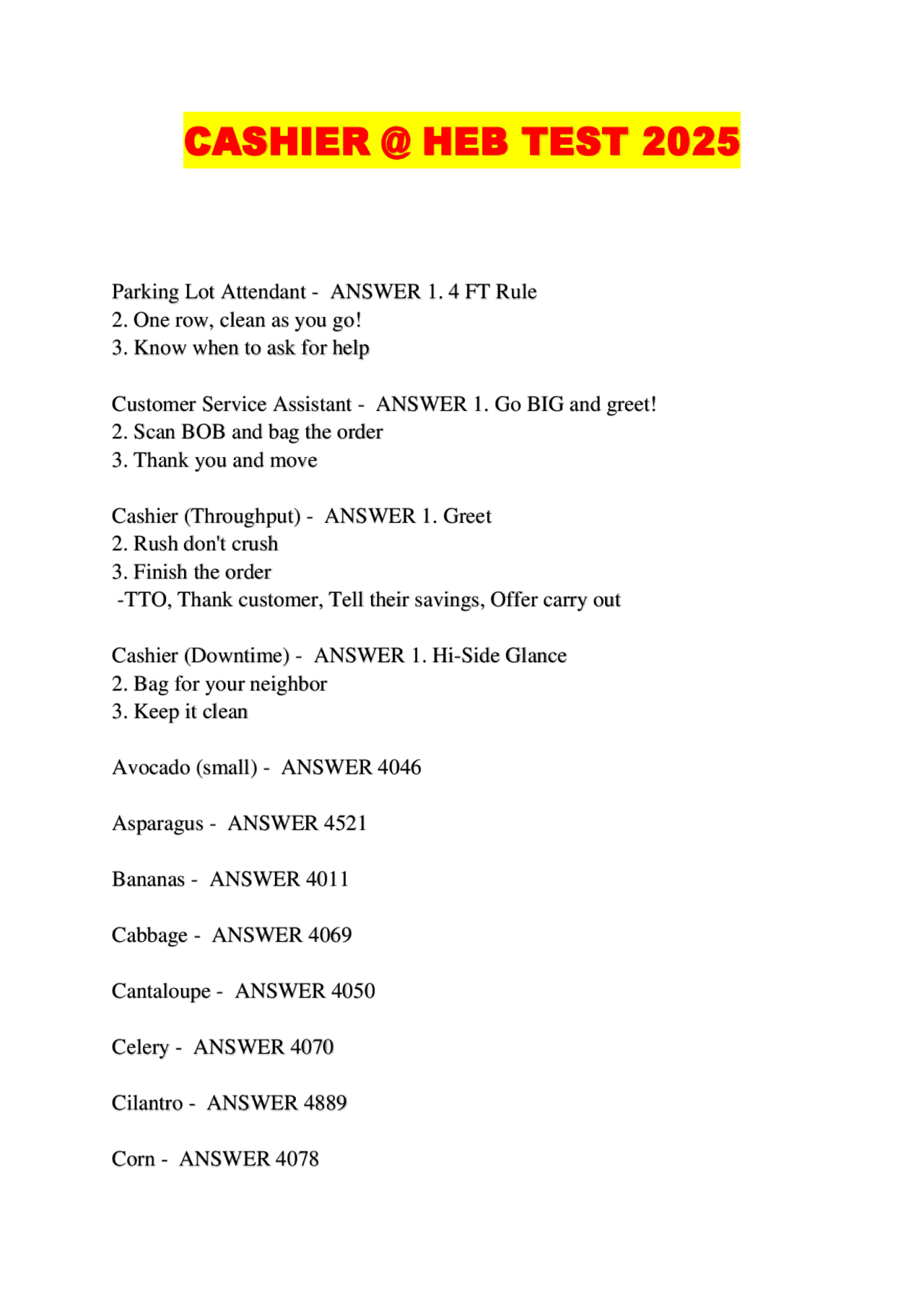 CASHIER @ HEB TEST 2025 | Exams Business Administration | Docsity