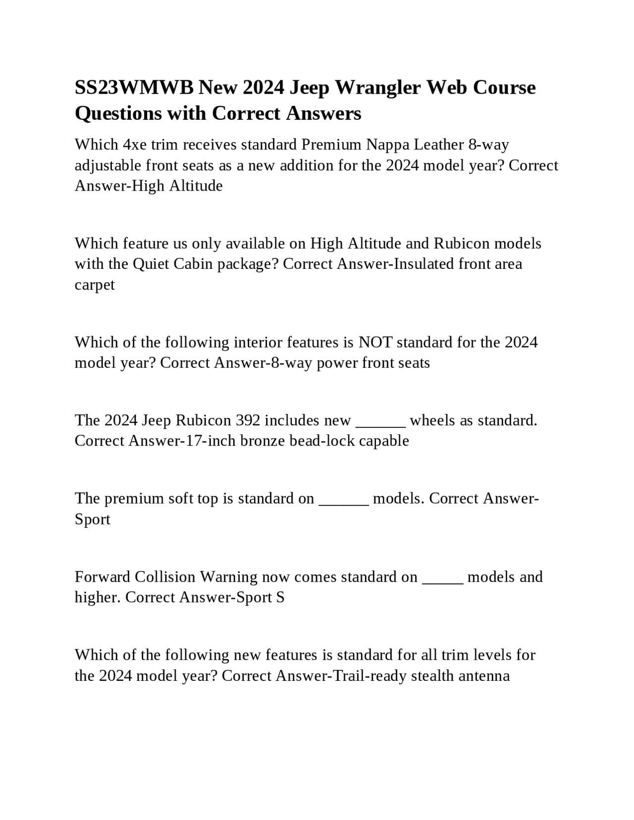 SS23WMWB New 2024 Jeep Wrangler Web Course Questions with Correct ...