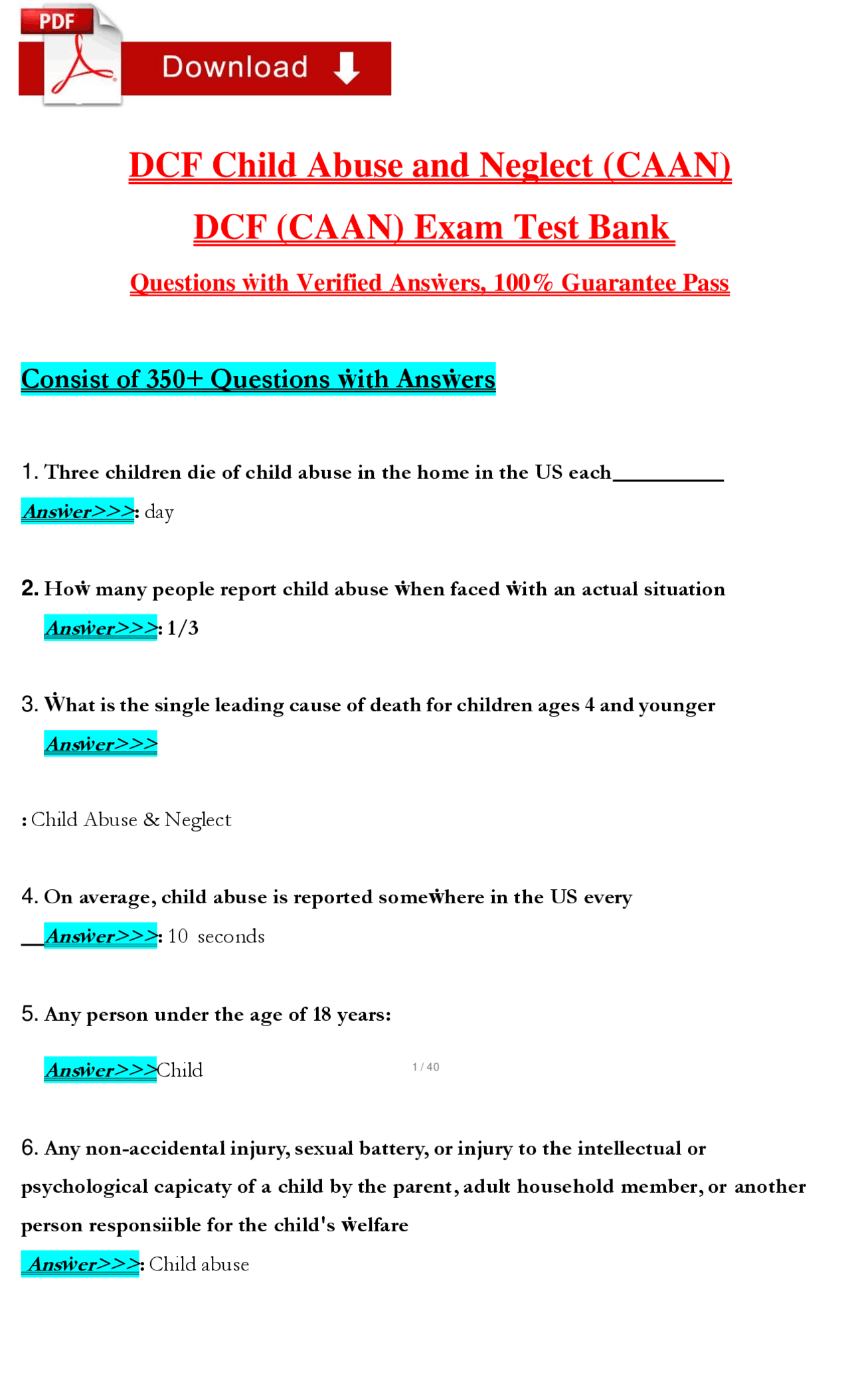 DCF Child Abuse and Neglect (CAAN) DCF (CAAN) Exam Test Bank (Latest ...
