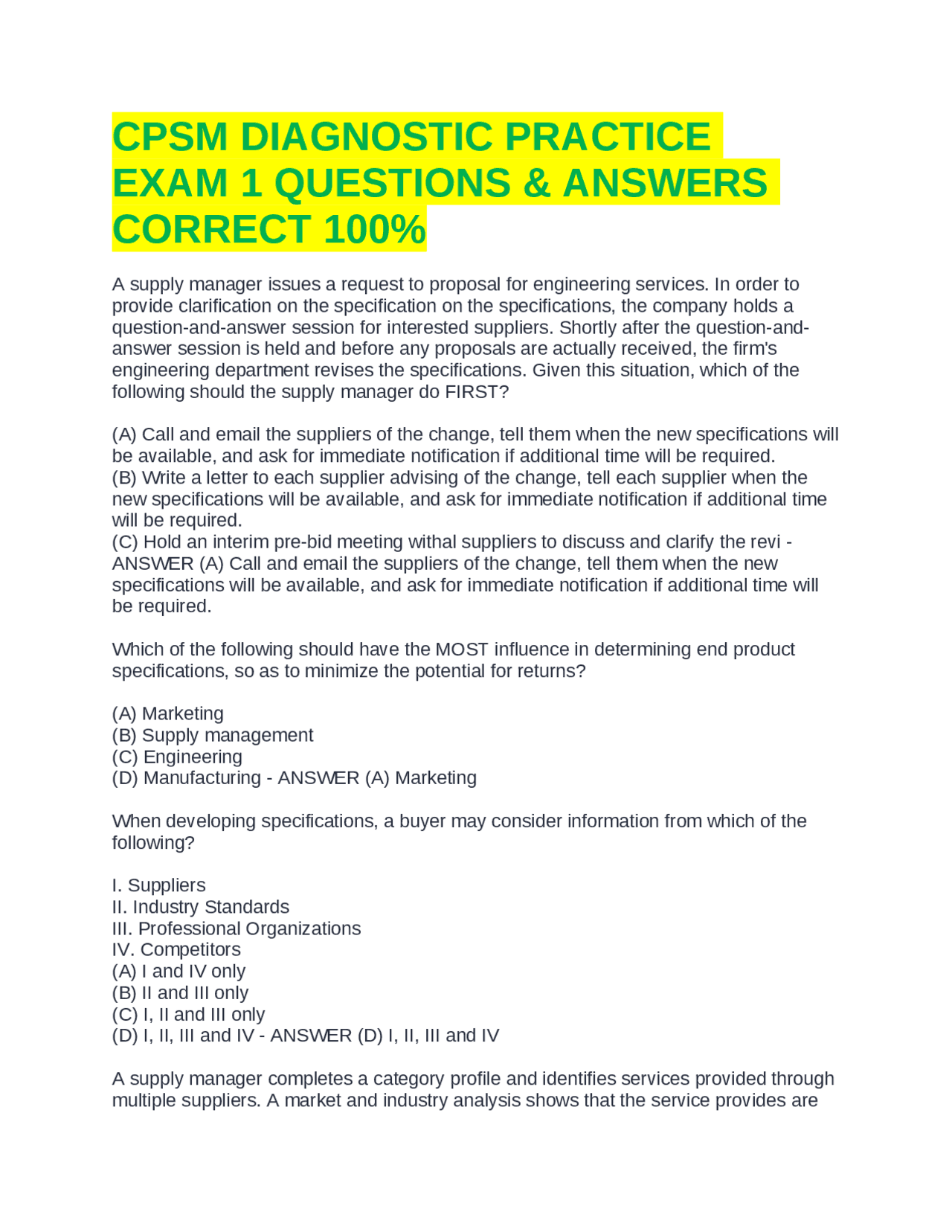 CPSM DIAGNOSTIC PRACTICE EXAM 1 QUESTIONS & ANSWERS CORRECT 100% ...