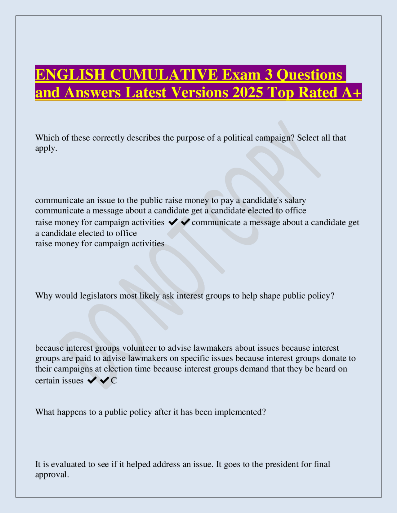 ENGLISH CUMULATIVE Exam 3 Questions and Answers Latest Versions 2025 ...