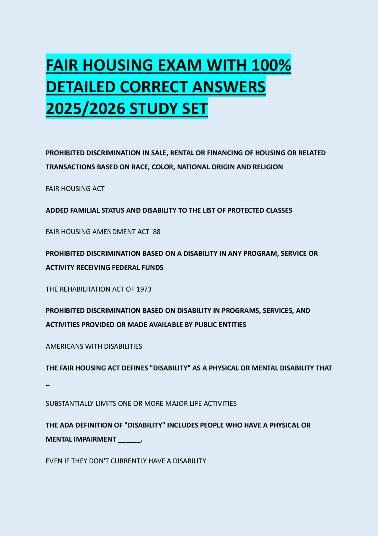 FAIR HOUSING EXAM WITH 100% DETAILED CORRECT ANSWERS 2025/2026 STUDY ...