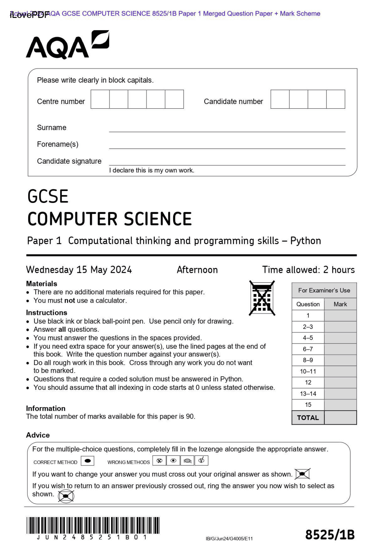 Actual 2024 AQA GCSE COMPUTER SCIENCE 8525/1B Paper 1 Merged Question ...
