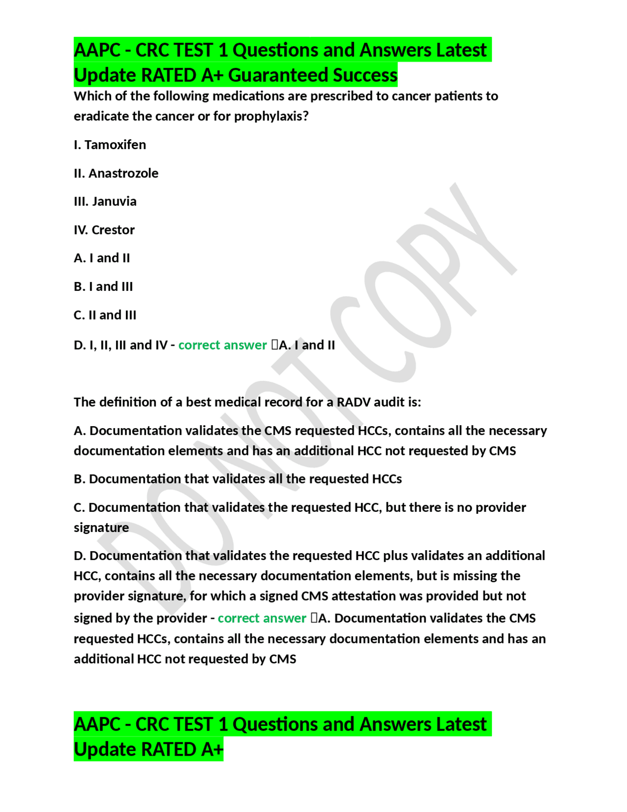 AAPC - CRC TEST 1 Questions and Answers Latest Update RATED A+ ...