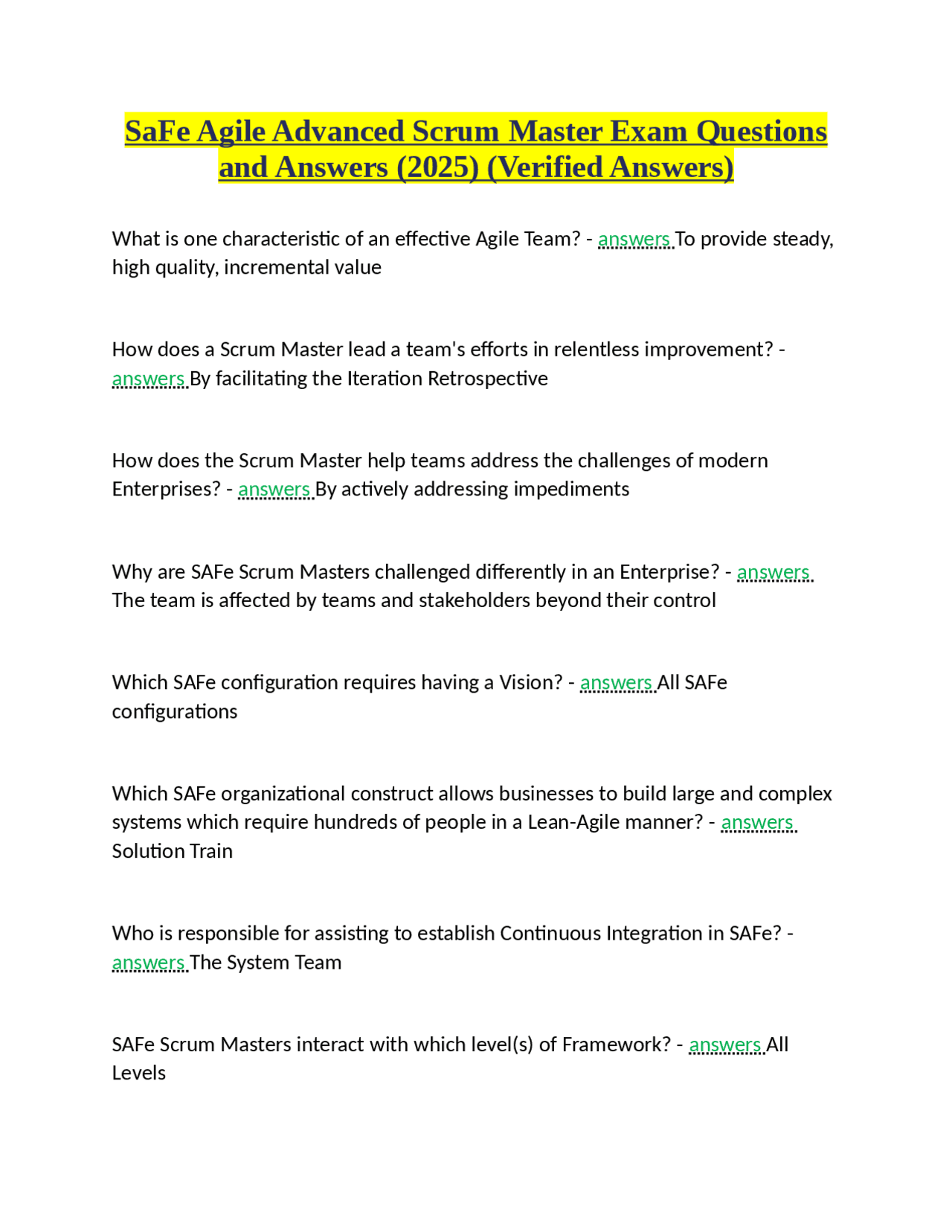 SaFe Agile Advanced Scrum Master Exam Questions and Answers (2025 ...