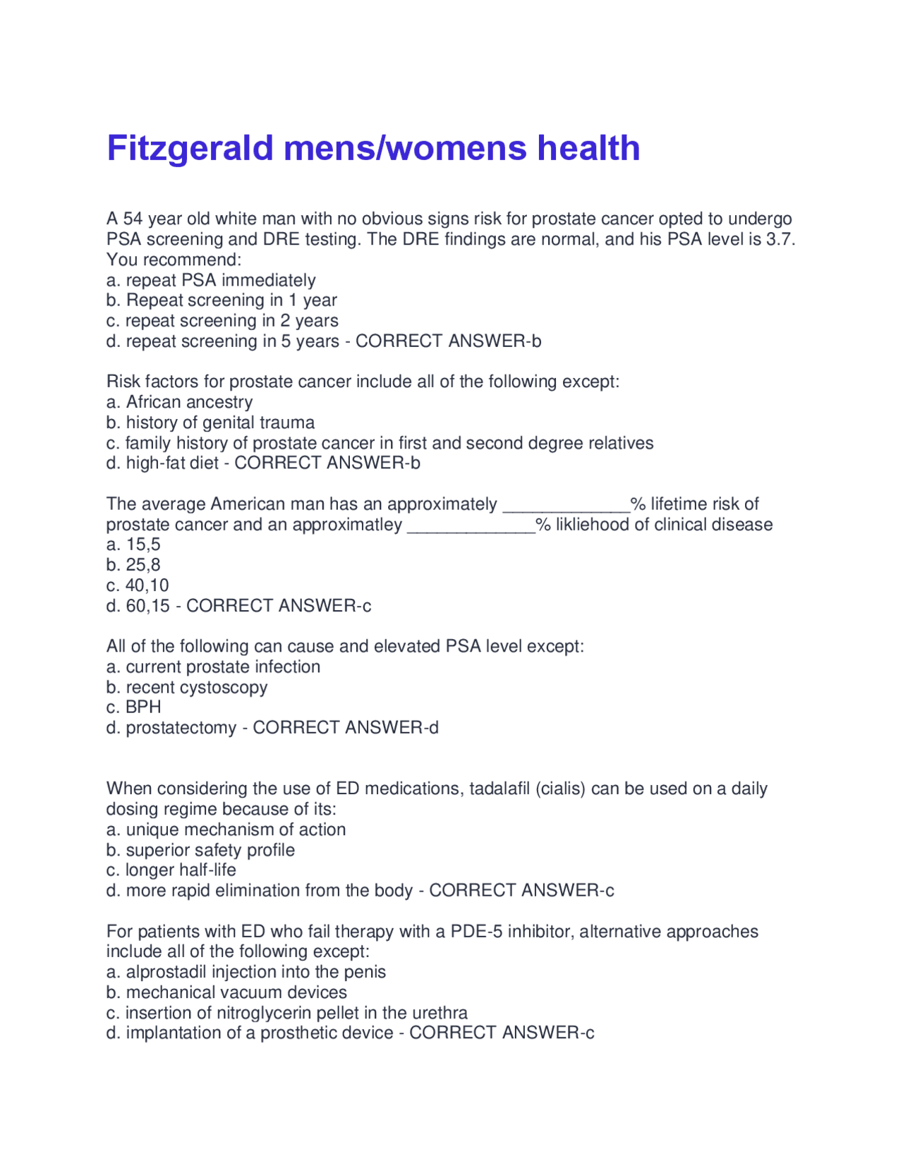 Men's Health: Prostate Cancer, BPH, and ED - Multiple Choice Questions ...
