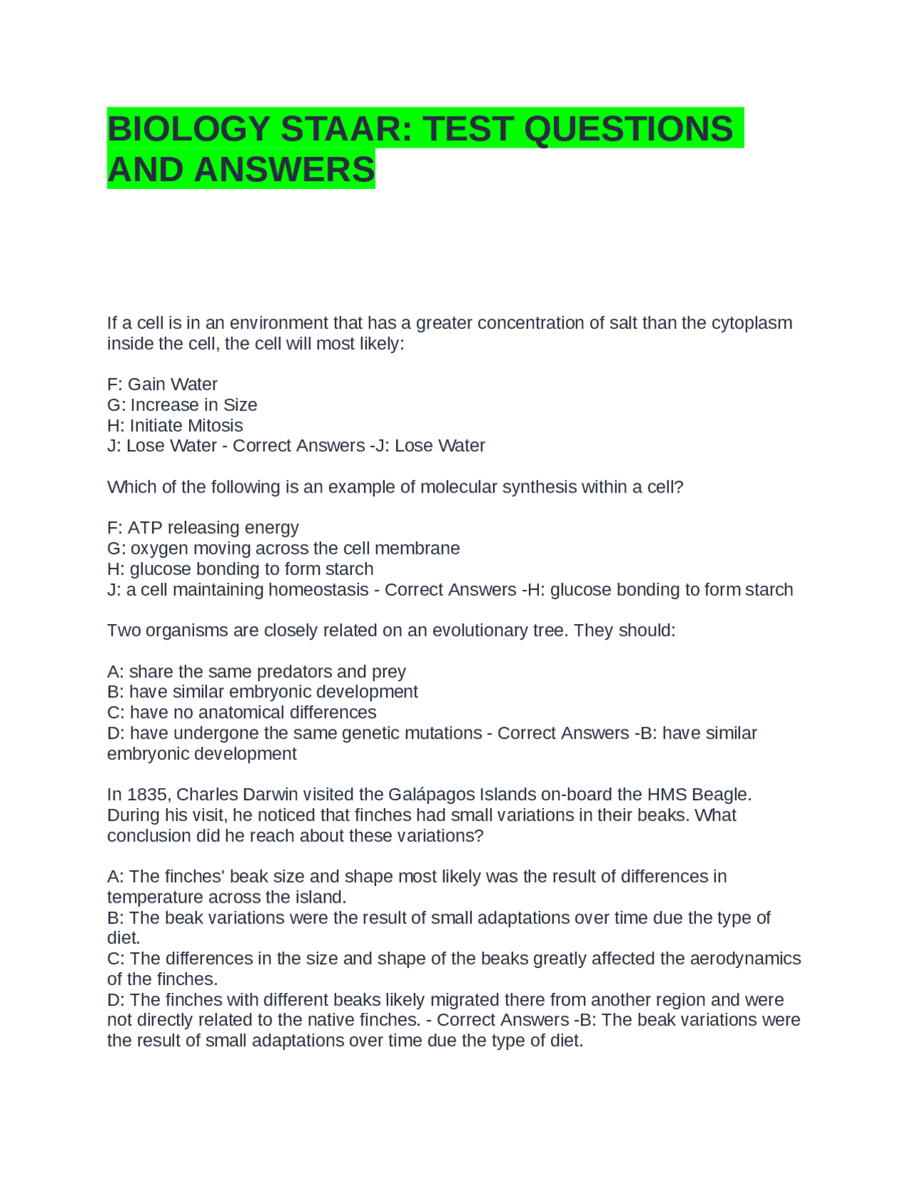 BIOLOGY STAAR TEST QUESTIONS AND ANSWERS | VERIFIED | GRADED A | Exams ...
