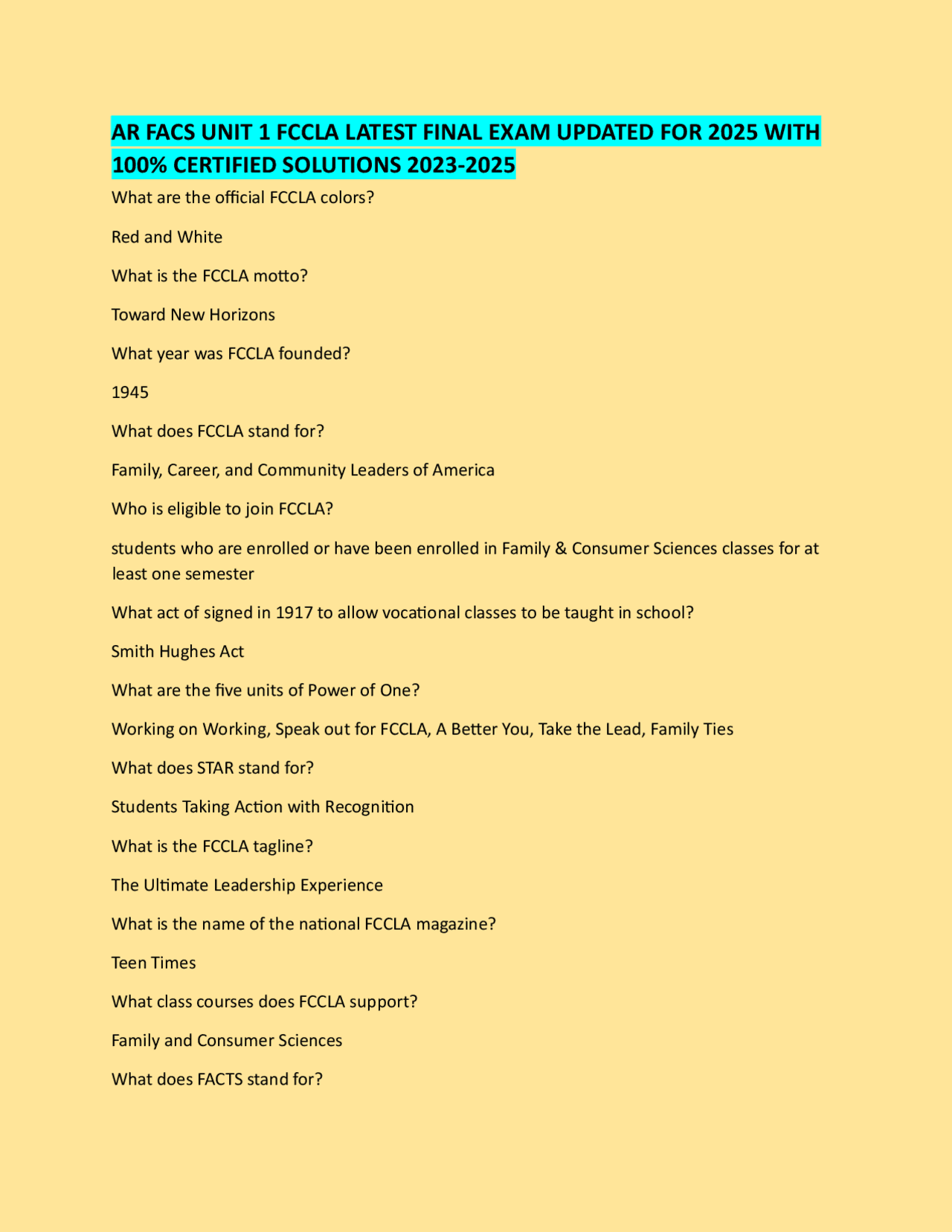 AR FACS UNIT 1 FCCLA LATEST FINAL EXAM UPDATED FOR 2025 WITH 100% ...