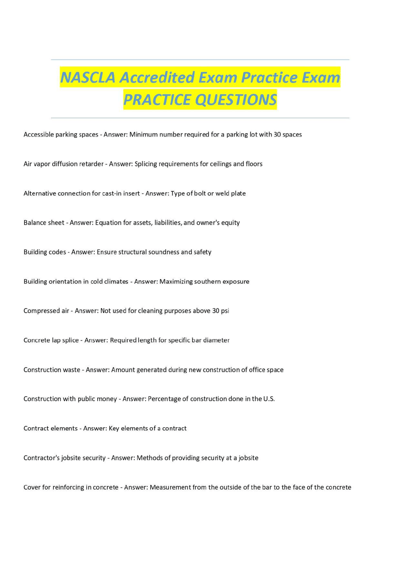 NASCLA Accredited Exam Practice Exam PRACTICE QUESTIONS | Exams Nursing ...