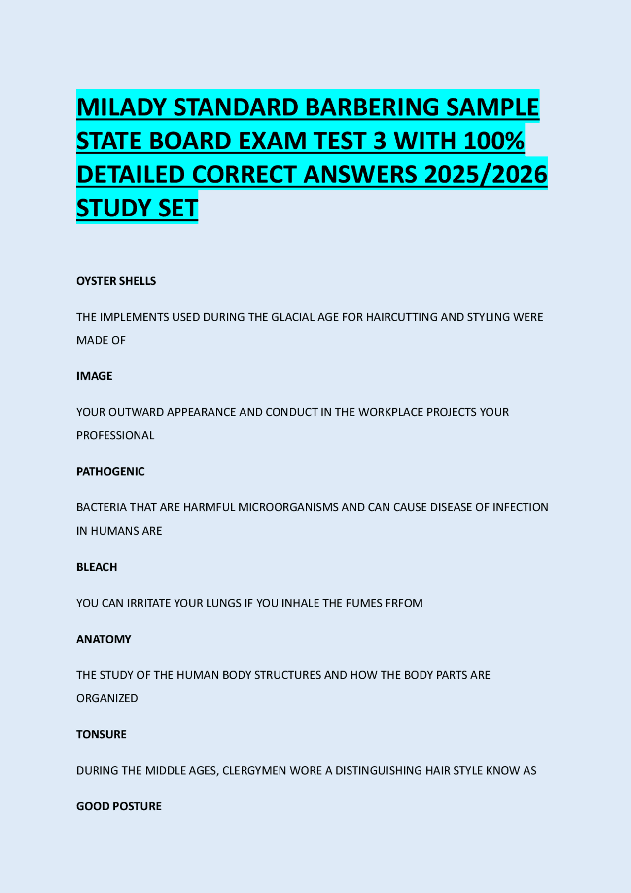 MILADY STANDARD BARBERING SAMPLE STATE BOARD EXAM TEST 3 WITH 100% ...