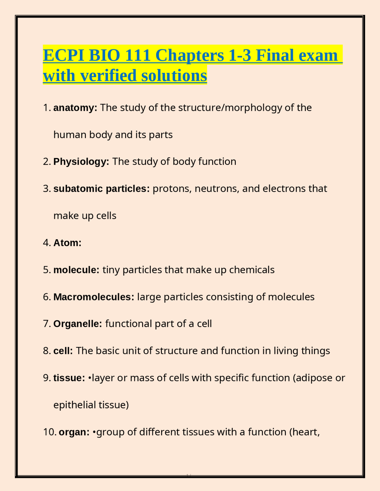 ECPI BIO 111 Chapters 1-3 Final exam with verified solutions | Exams ...
