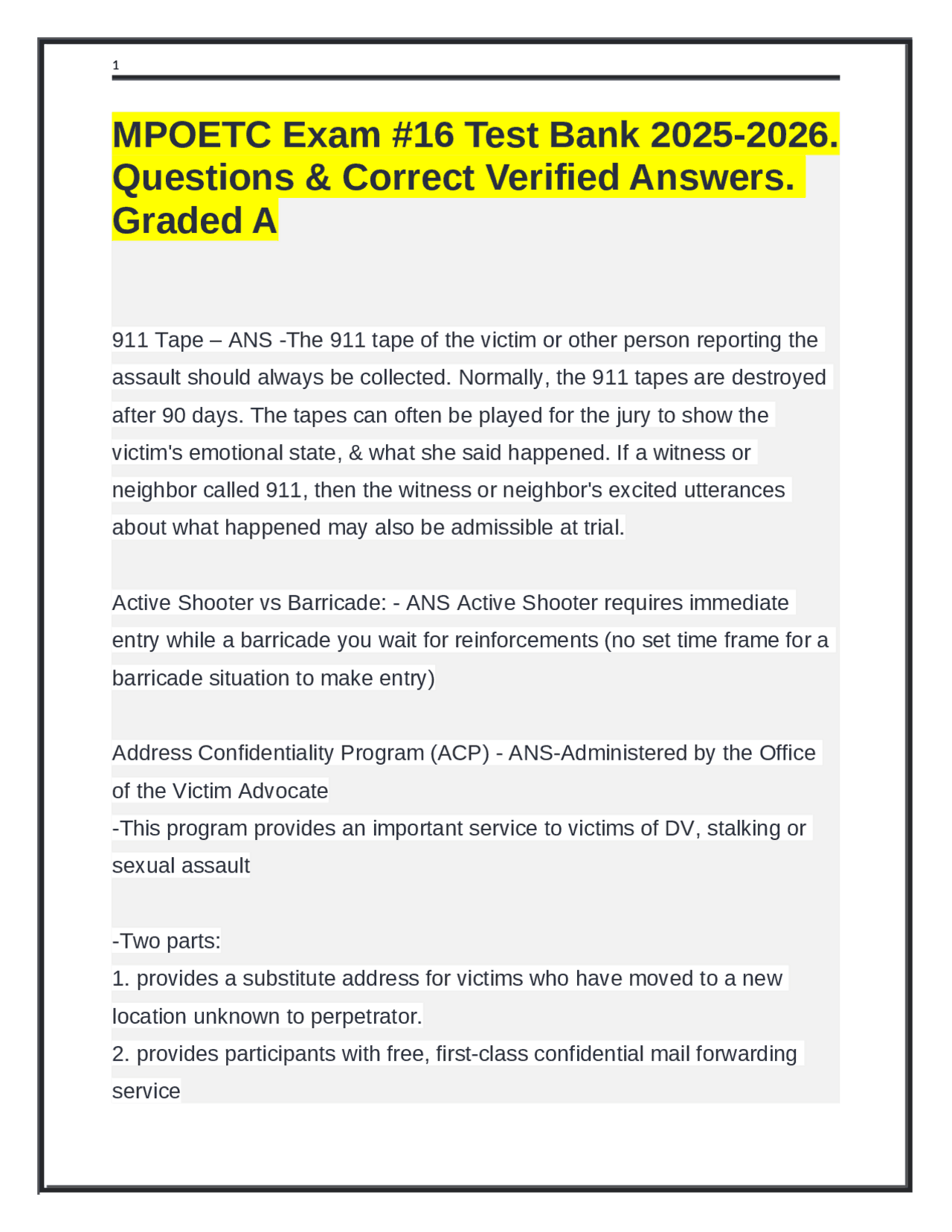 MPOETC Exam #16 Test Bank: Questions and Answers on Law Enforcement ...
