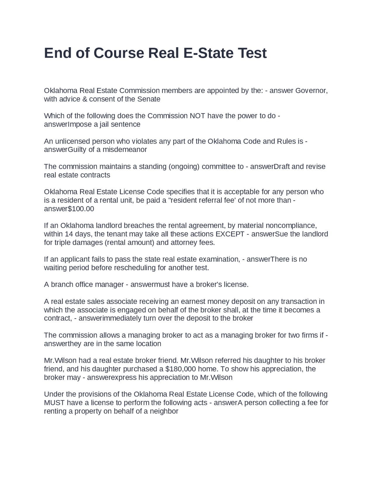 End of Course Real E-State Test Questions with Solutions | Exams ...