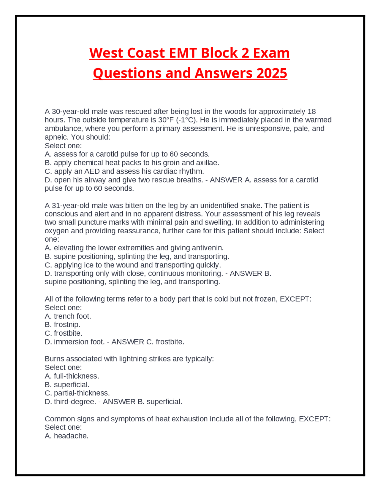 West Coast EMT Block 2 Exam Questions and Answers 2025 | Exams Nursing ...