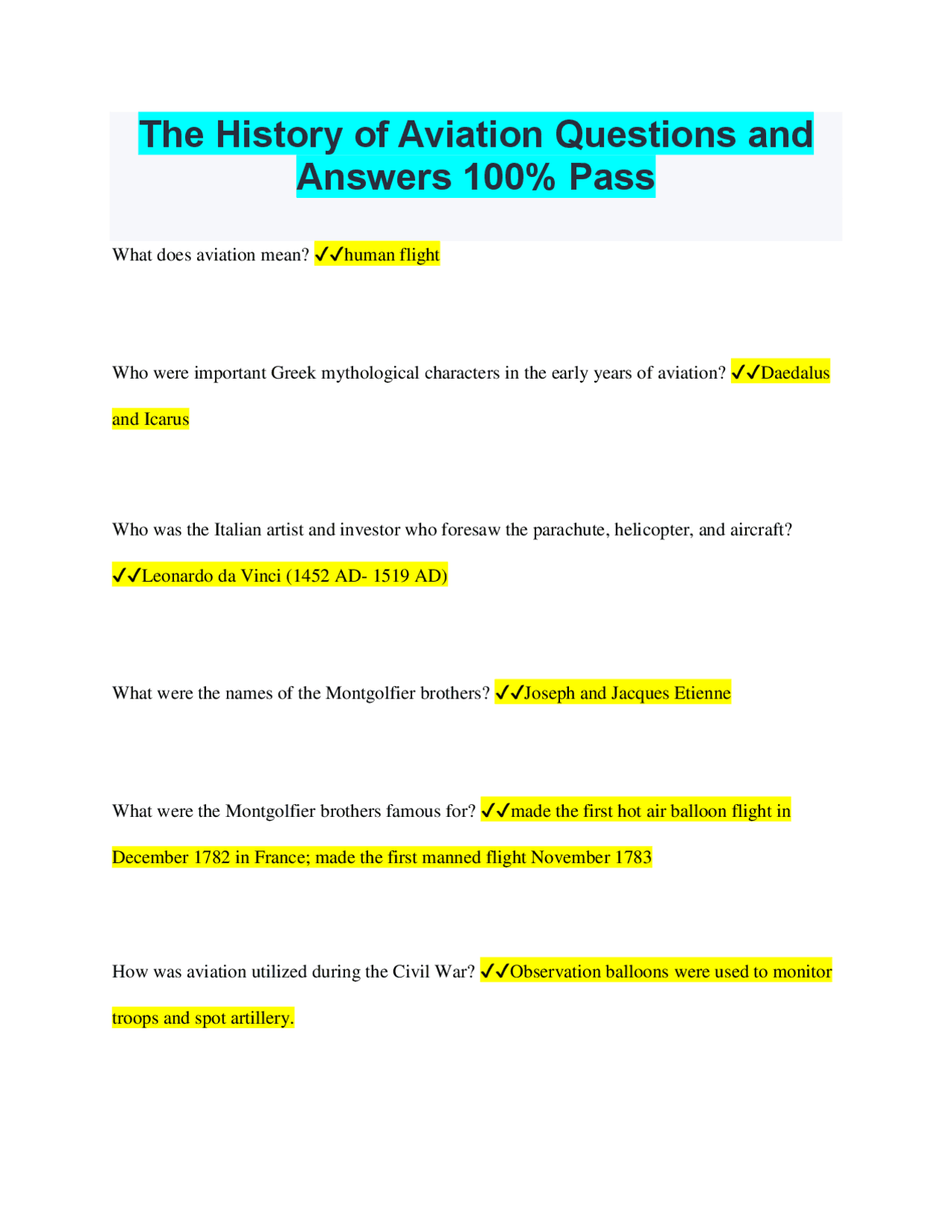 The History of Aviation Questions and Answers 100% Pass | Exams ...