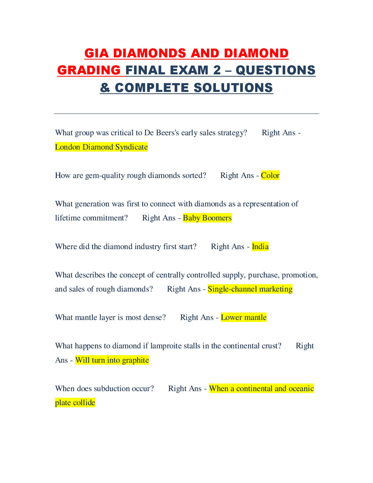 GIA Diamonds and Diamond Grading – Final Exam 2 Questions & Complete ...