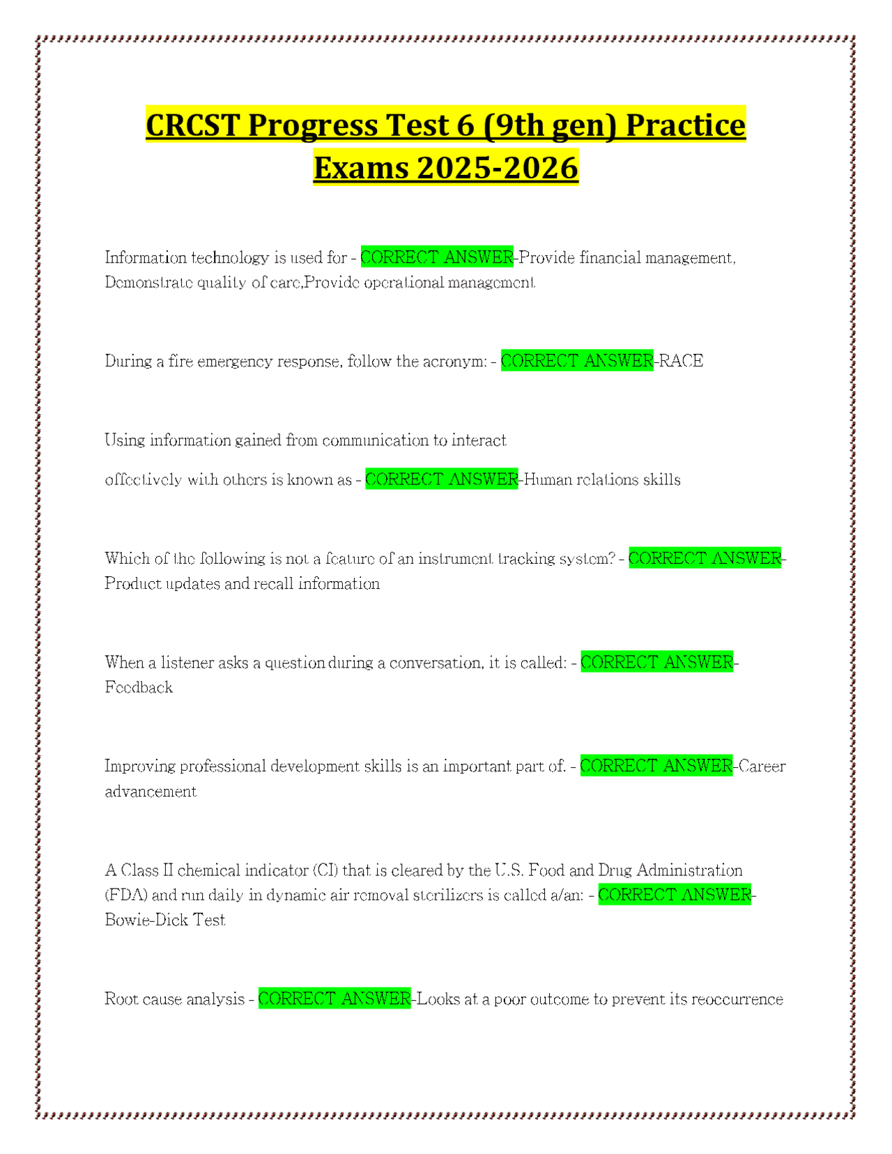 CRCST Progress Test 6 (9th gen) Practice Exams 2025-2026 | Exams ...