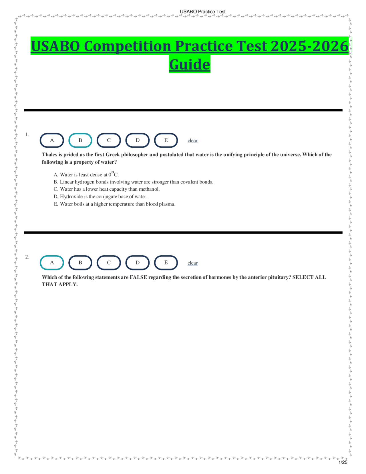 USABO Competition Practice Test 2025-2026 Guide | Exams Biology | Docsity