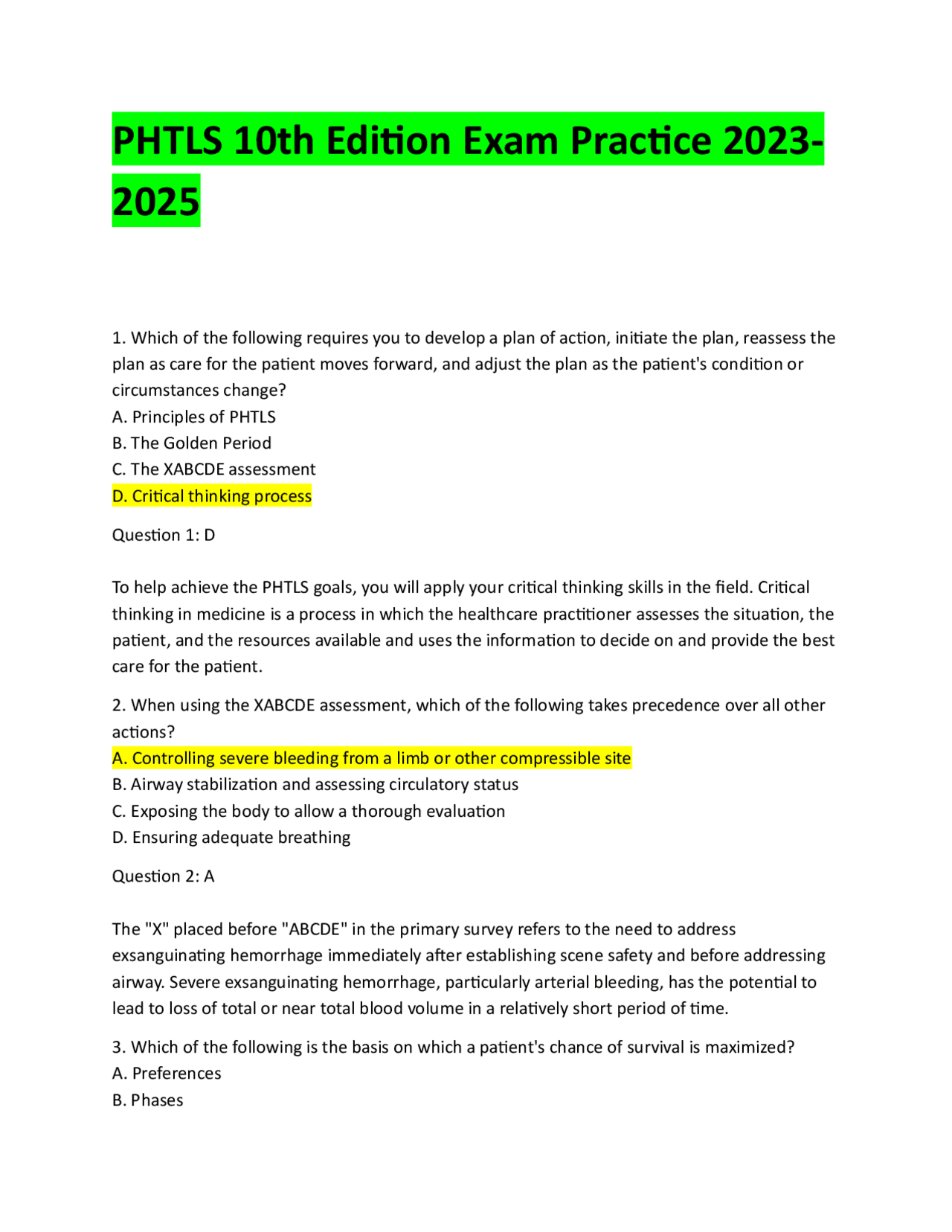 PHTLS 10th Edition Exam Practice 2023 2025 | Exams Health sciences ...