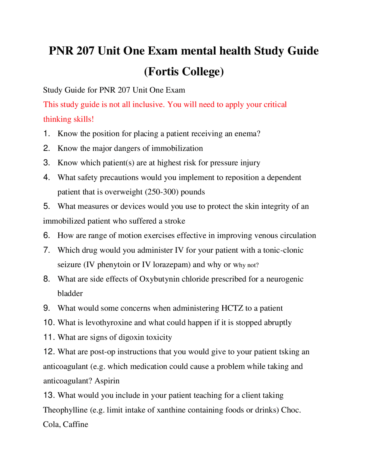 PNR 207 Unit One Exam mental health Study Guide (Fortis College).pdf ...