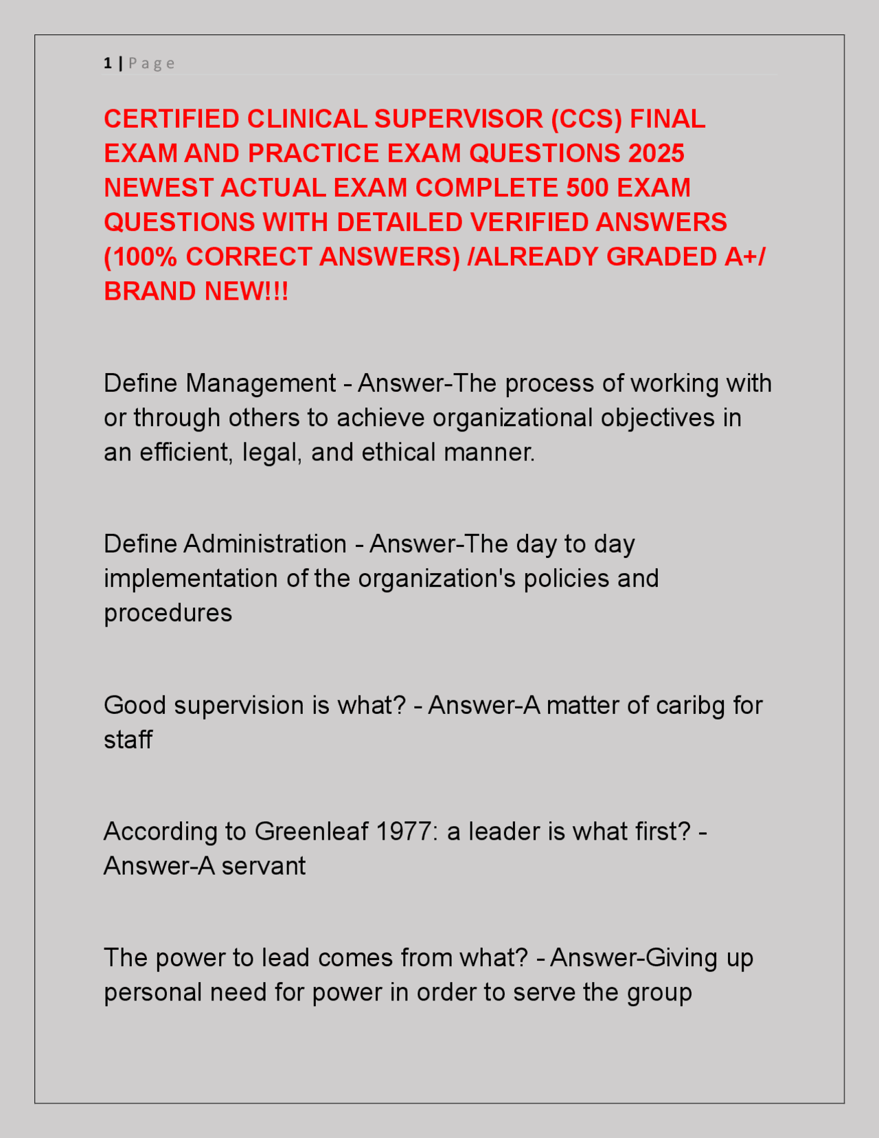 CERTIFIED CLINICAL SUPERVISOR (CCS) FINAL EXAM AND PRACTICE EXAM ...
