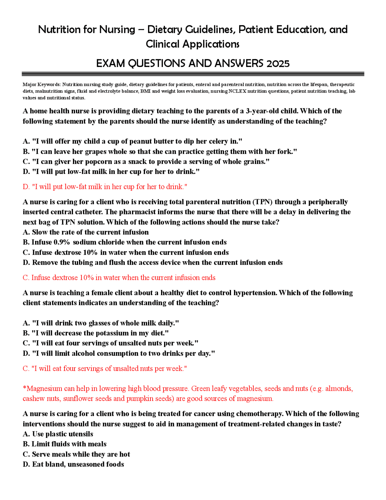 Nutrition for Nursing Exam Questions and Answers: A Comprehensive Study ...