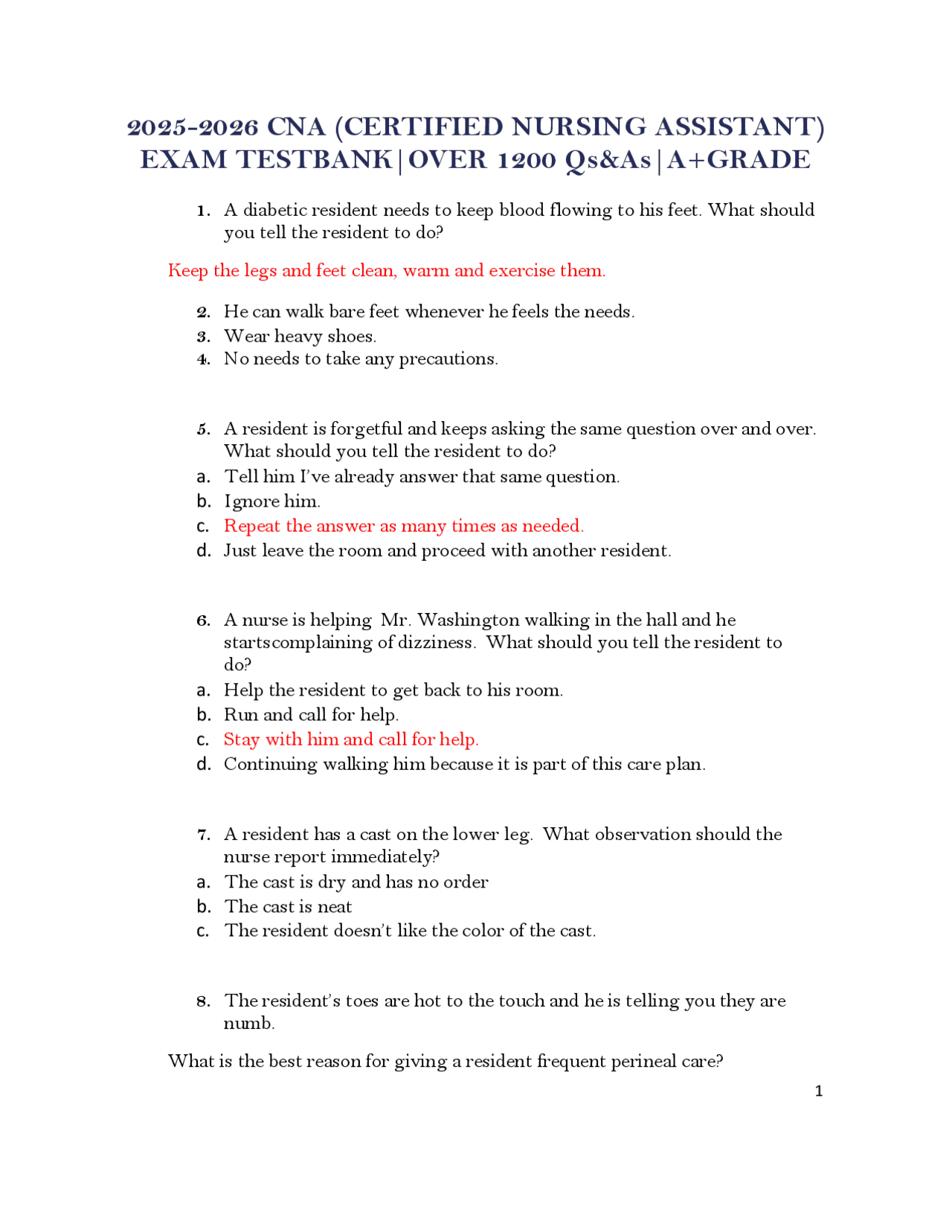 2025-2026 CNA (CERTIFIED NURSING ASSISTANT) EXAM TESTBANK|OVER 1200 Qs ...