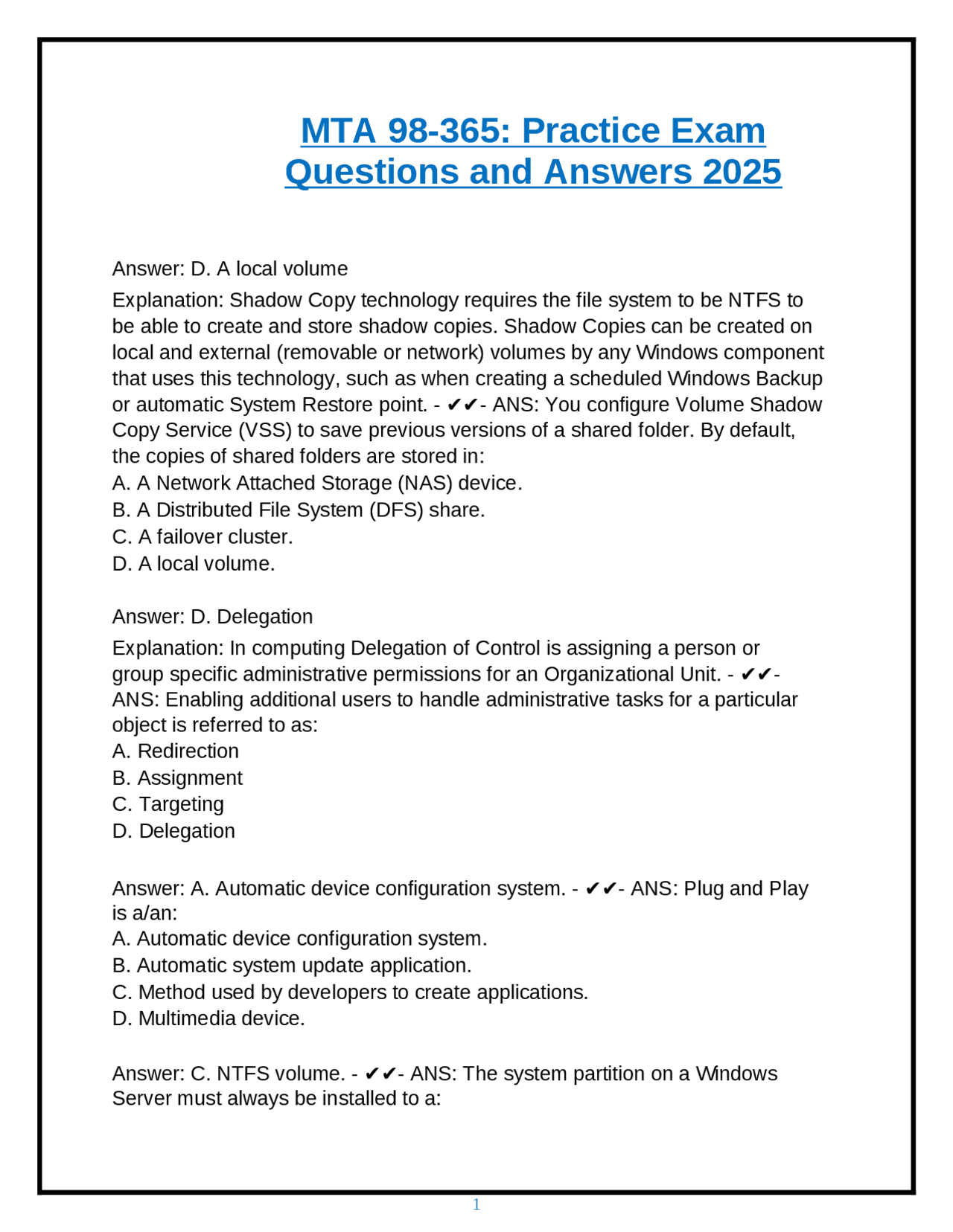 MTA 98-365 Practice Exam Questions and Answers | Exams Nursing | Docsity