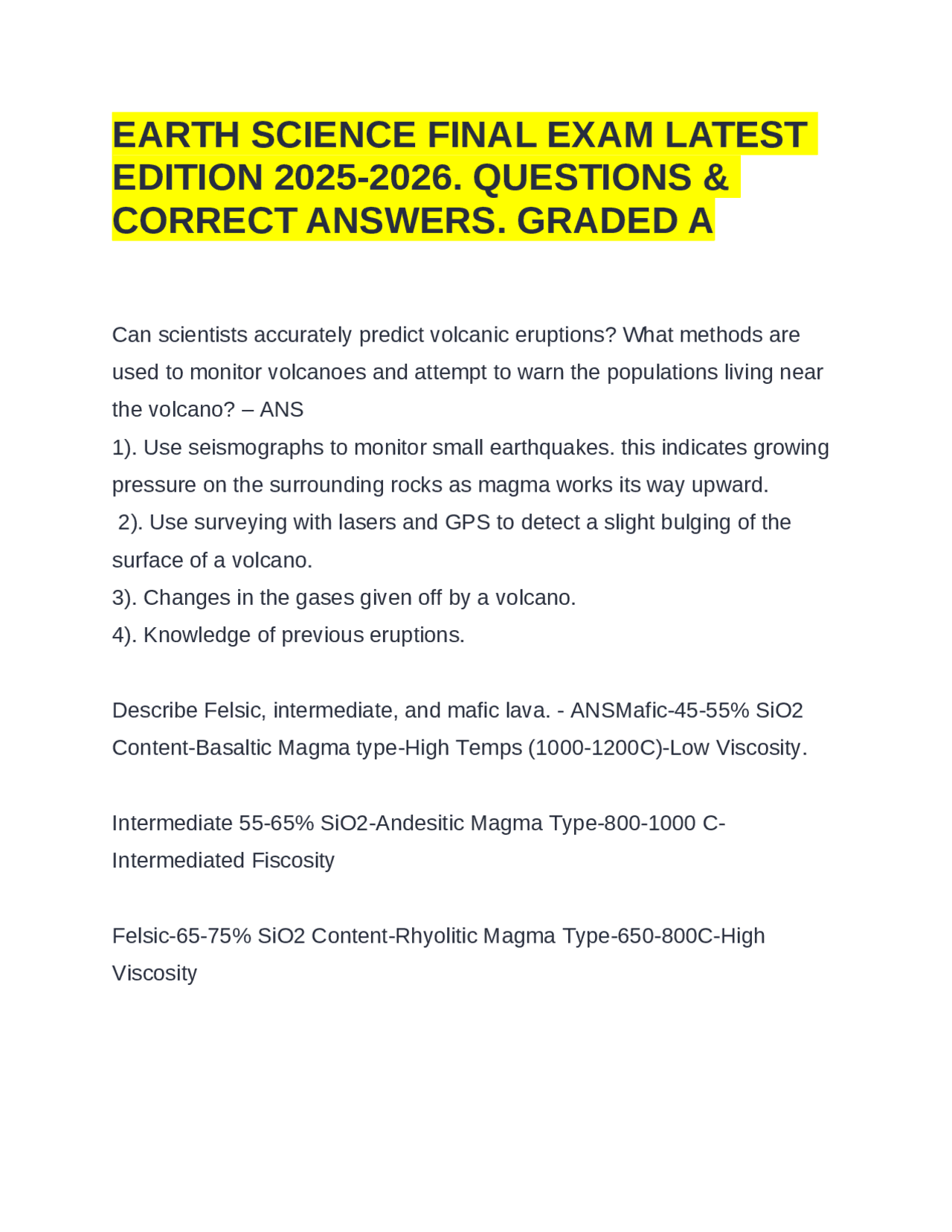EARTH SCIENCE FINAL EXAM LATEST EDITION 2025-2026. QUESTIONS & CORRECT ...
