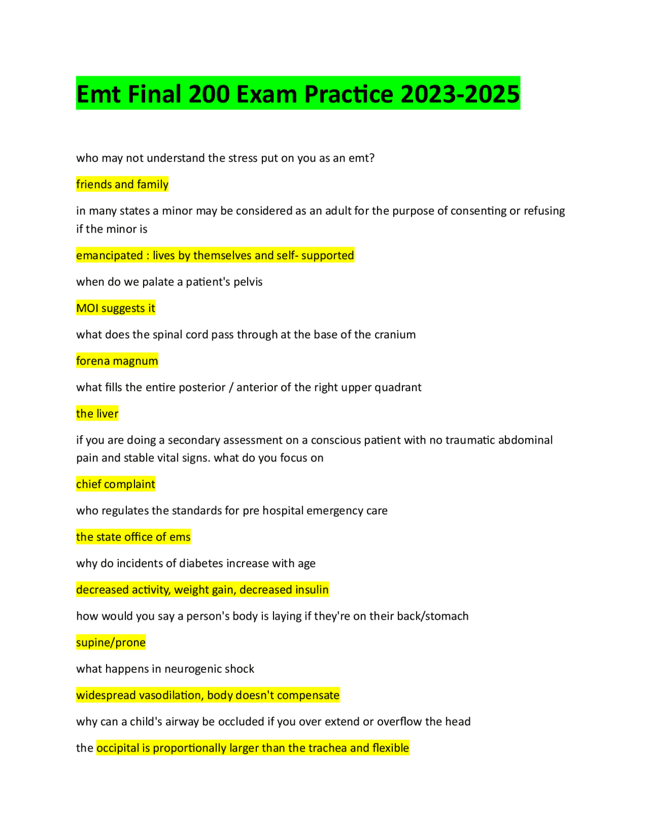 Emt Final 200 Exam Practice 2023-2025 | Exams Health sciences | Docsity