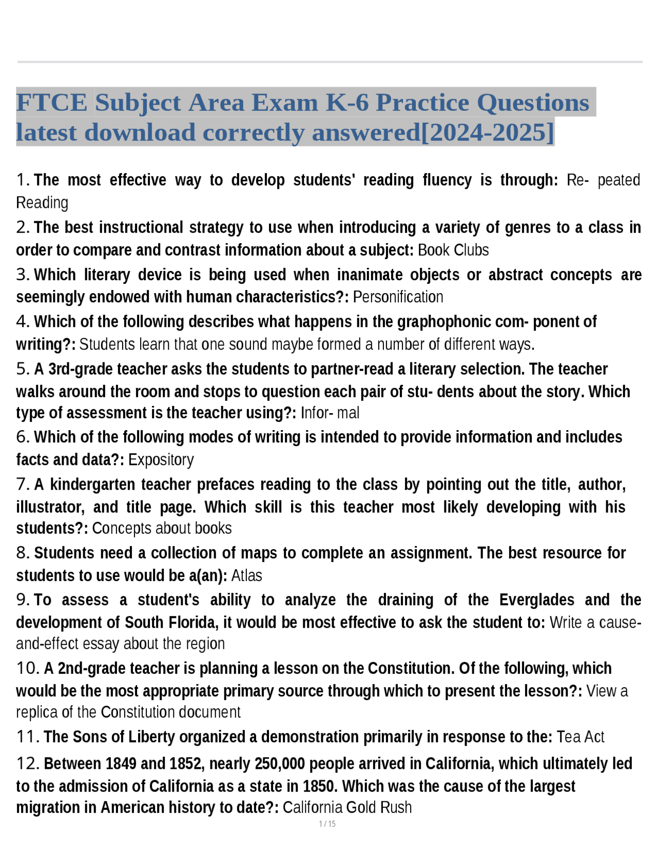 FTCE Subject Area Exam K-6 Practice Questions latest download correctly ...