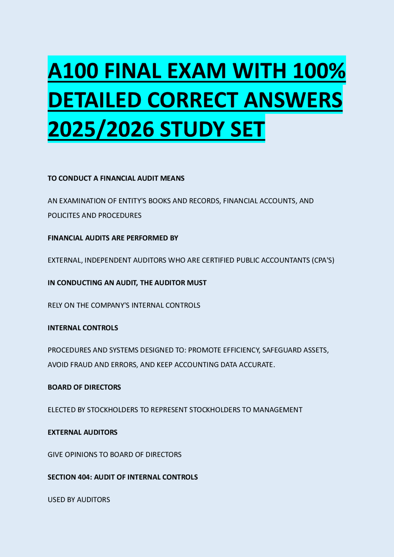 A100 FINAL EXAM WITH 100% DETAILED CORRECT ANSWERS 2025/2026 STUDY SET | Exams Organization and ...