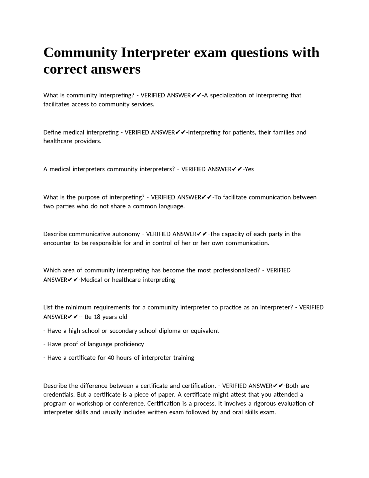 Community Interpreter exam questions with correct answers. | Exams Community Corrections | Docsity
