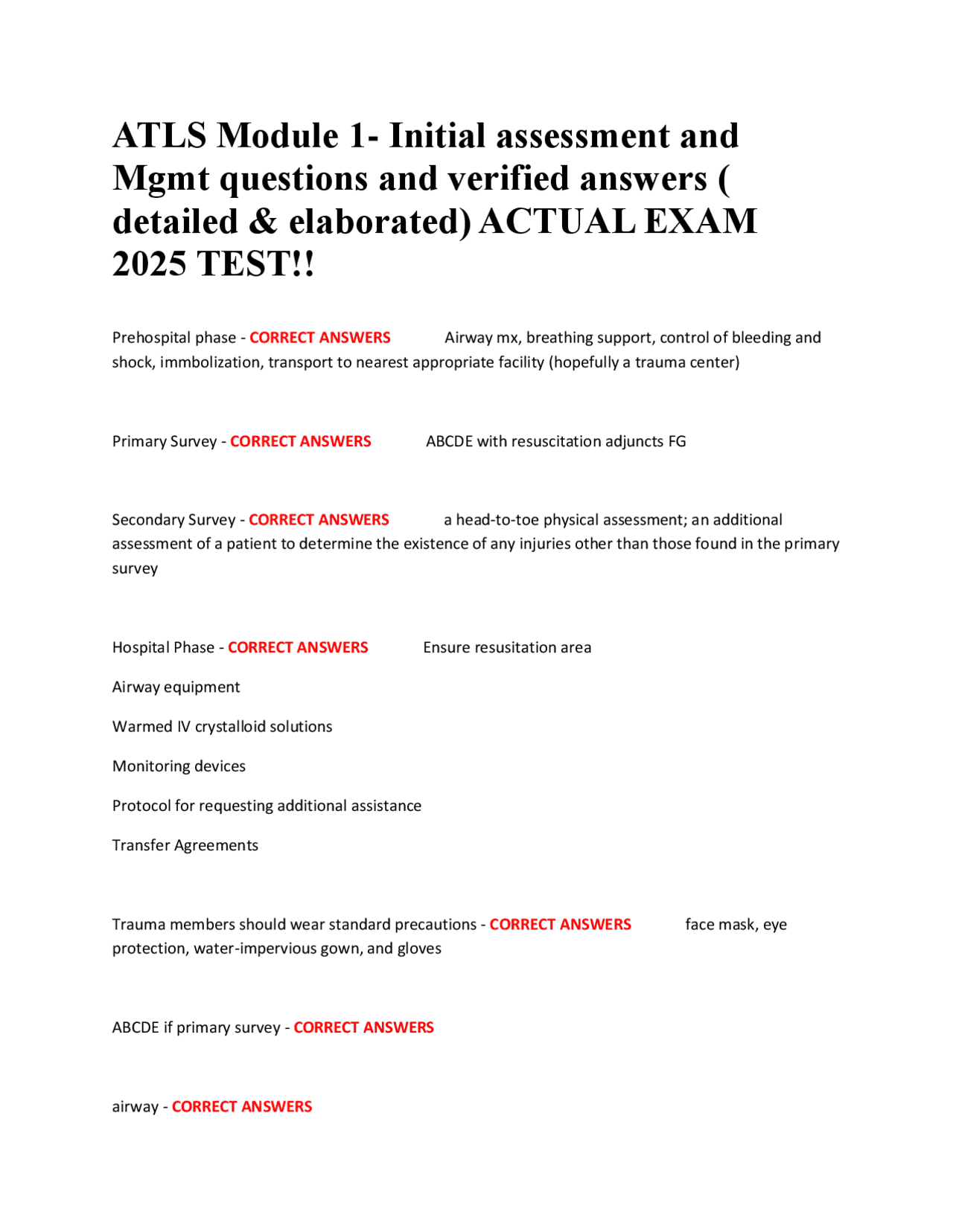 ATLS Module 1- Initial assessment and Mgmt questions and verified ...