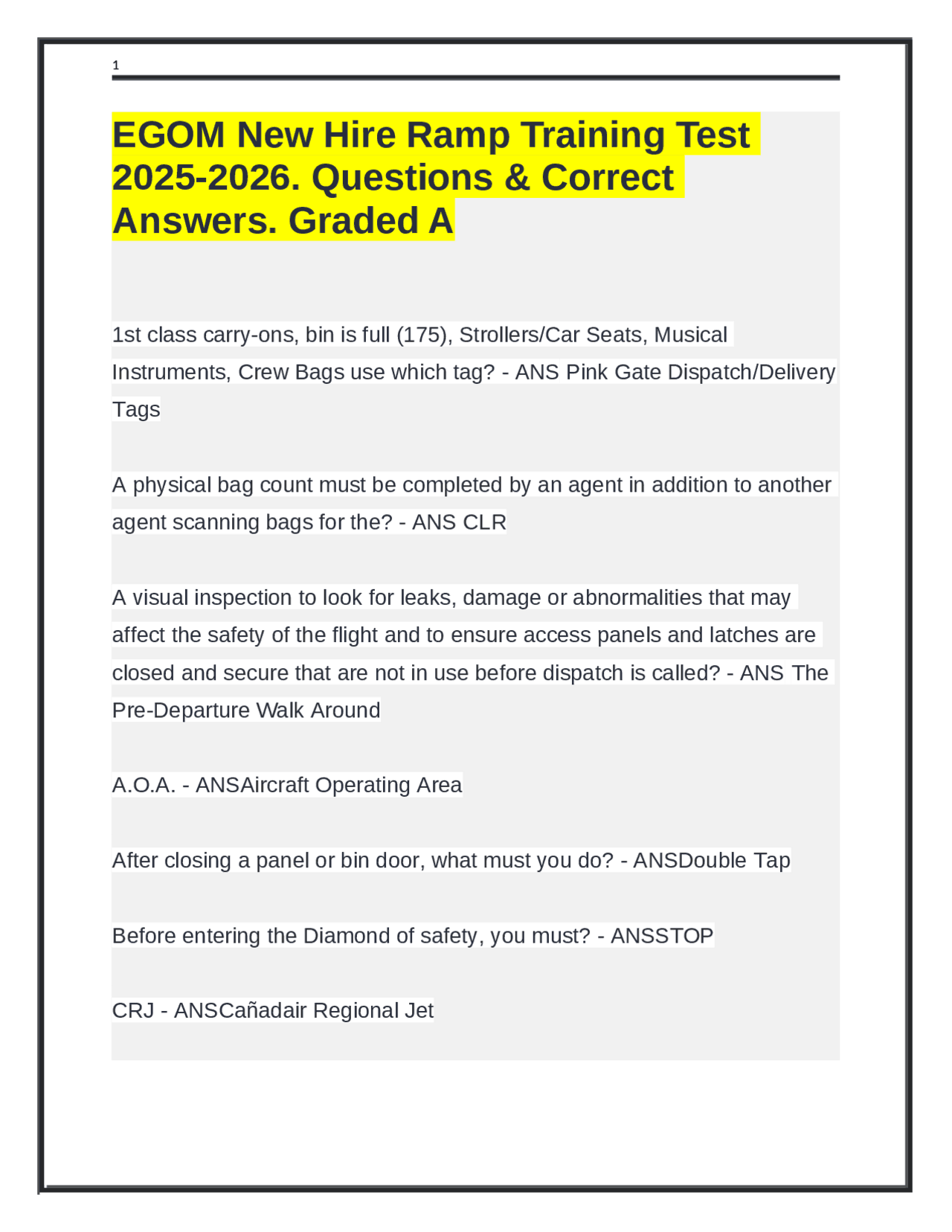 EGOM New Hire Ramp Training Test 2025-2026. Questions & Correct Answers ...