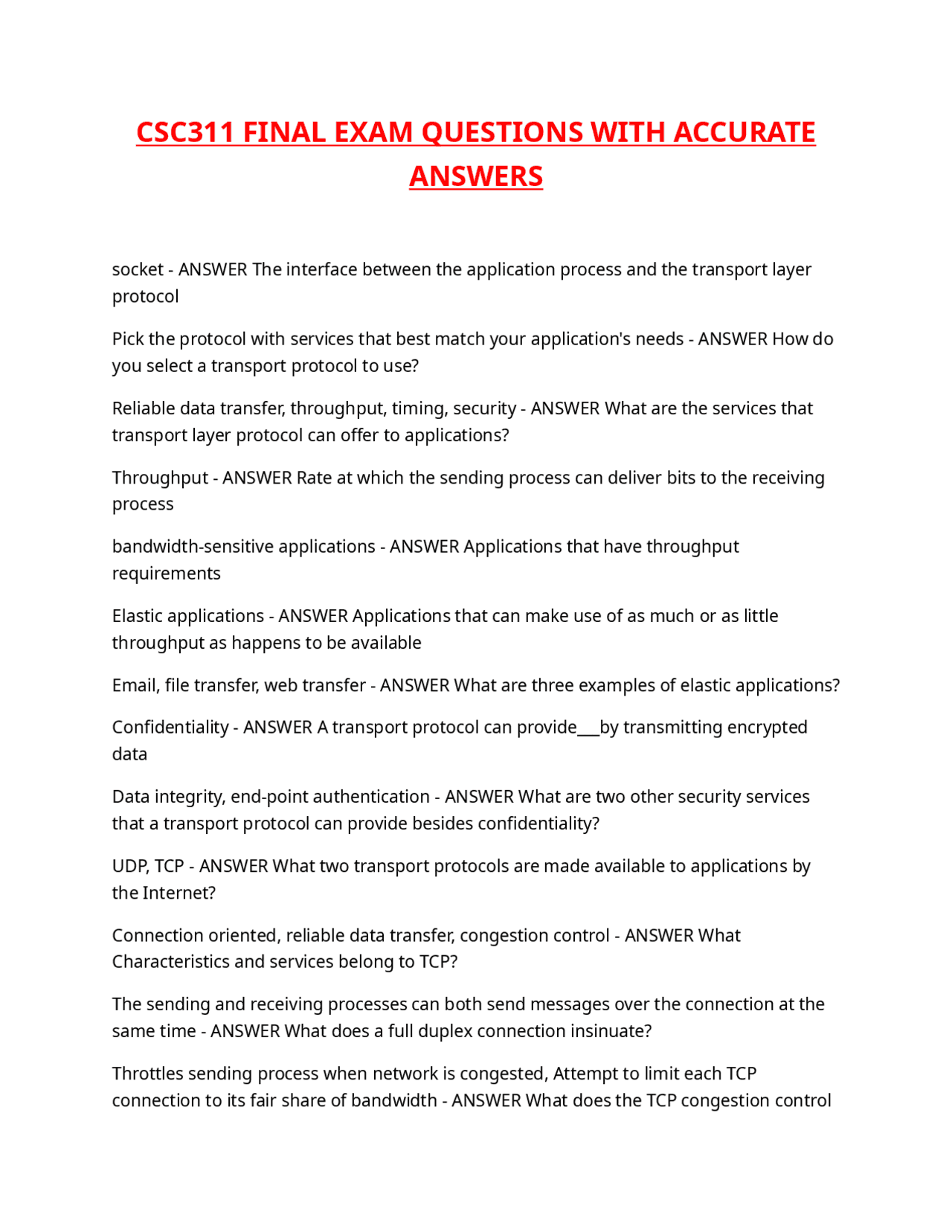 CSC311 FINAL EXAM QUESTIONS WITH ACCURATE ANSWERS. | Exams Advanced Education | Docsity