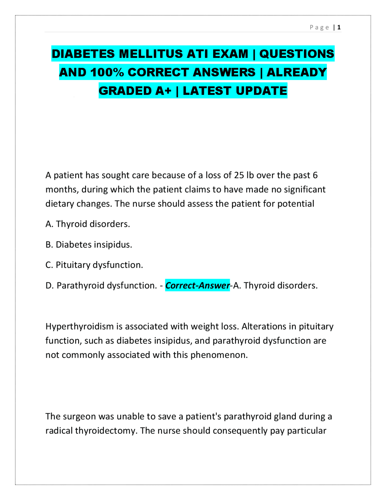 DIABETES MELLITUS ATI EXAM | QUESTIONS AND 100% CORRECT ANSWERS ...
