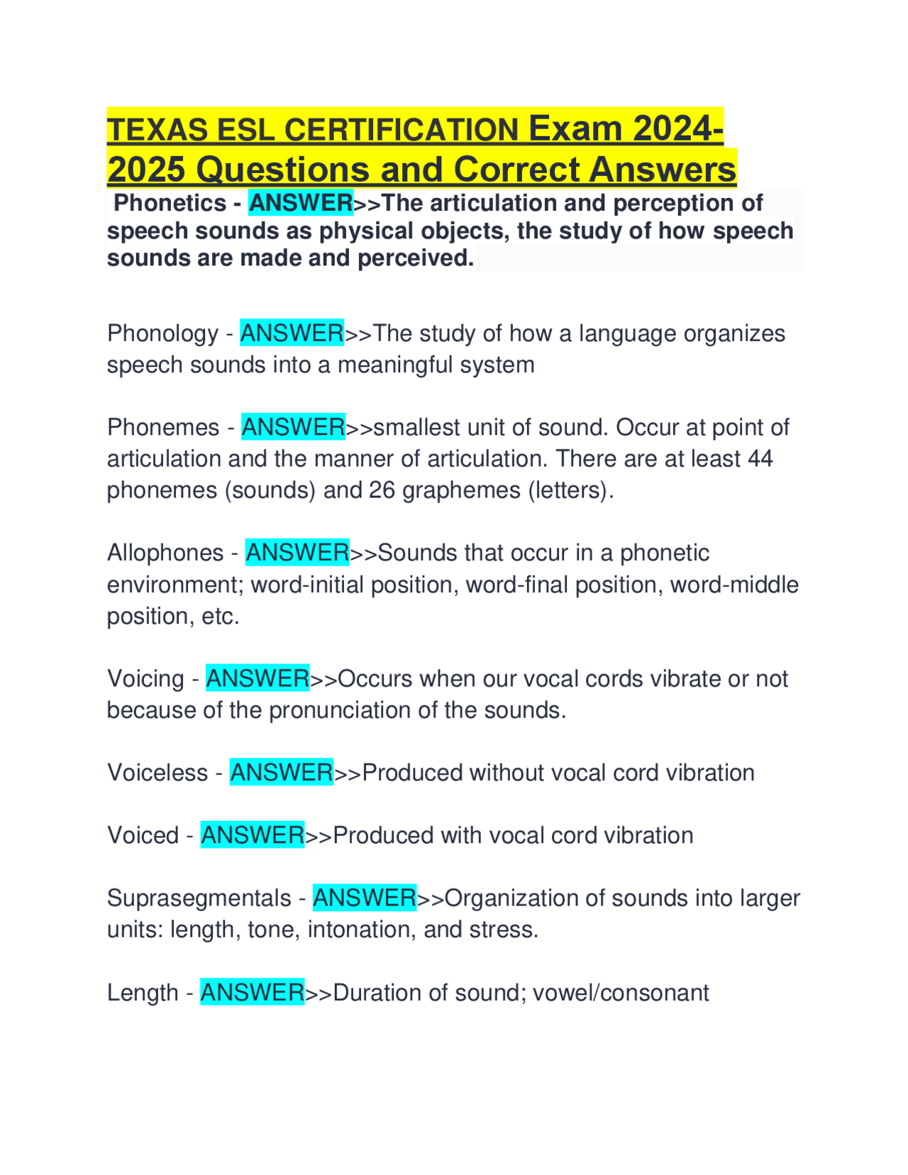 TEXAS ESL CERTIFICATION Exam 2024 2025 Questions and Correct Answers ...