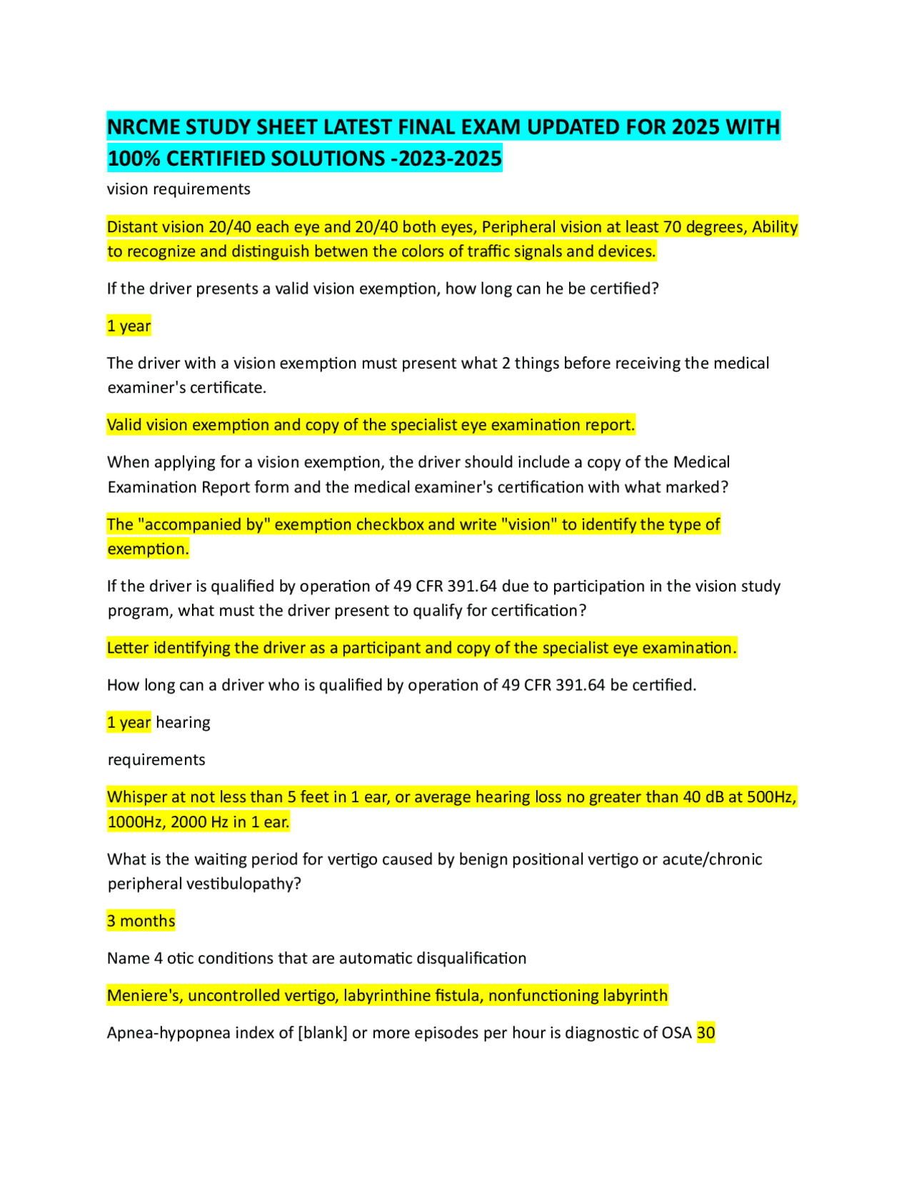 NRCME STUDY SHEET LATEST FINAL EXAM UPDATED FOR 2025 WITH 100% ...