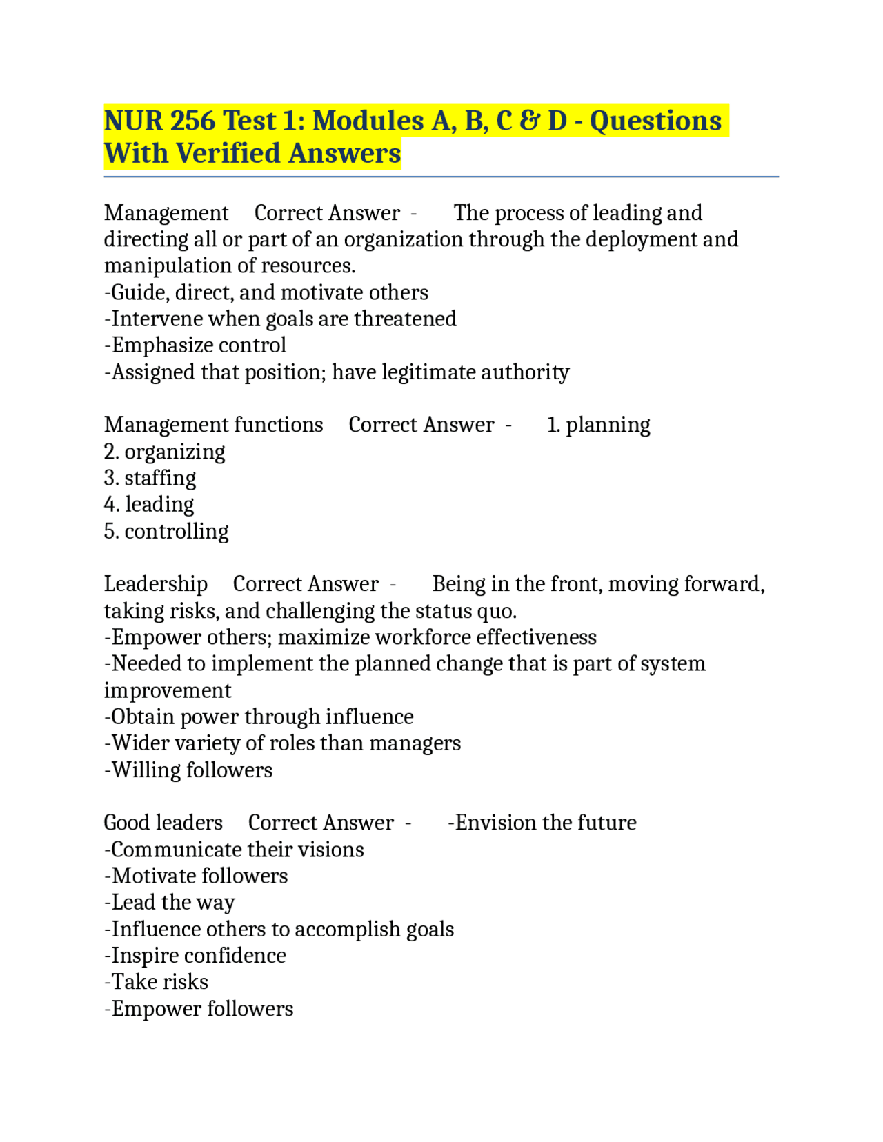 NUR 256 Test 1: Modules A, B, C & D - Questions With Verified Answers ...