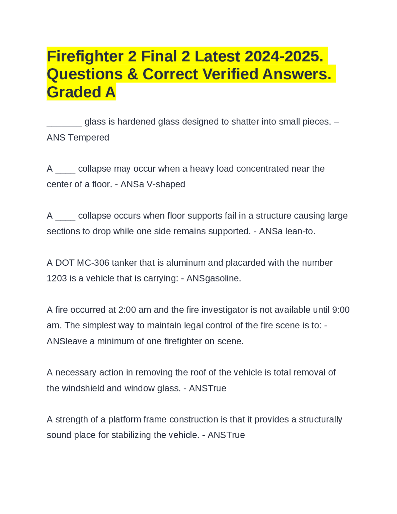 Firefighter 2 Final 2 Latest 2024-2025. Questions & Correct Verified ...