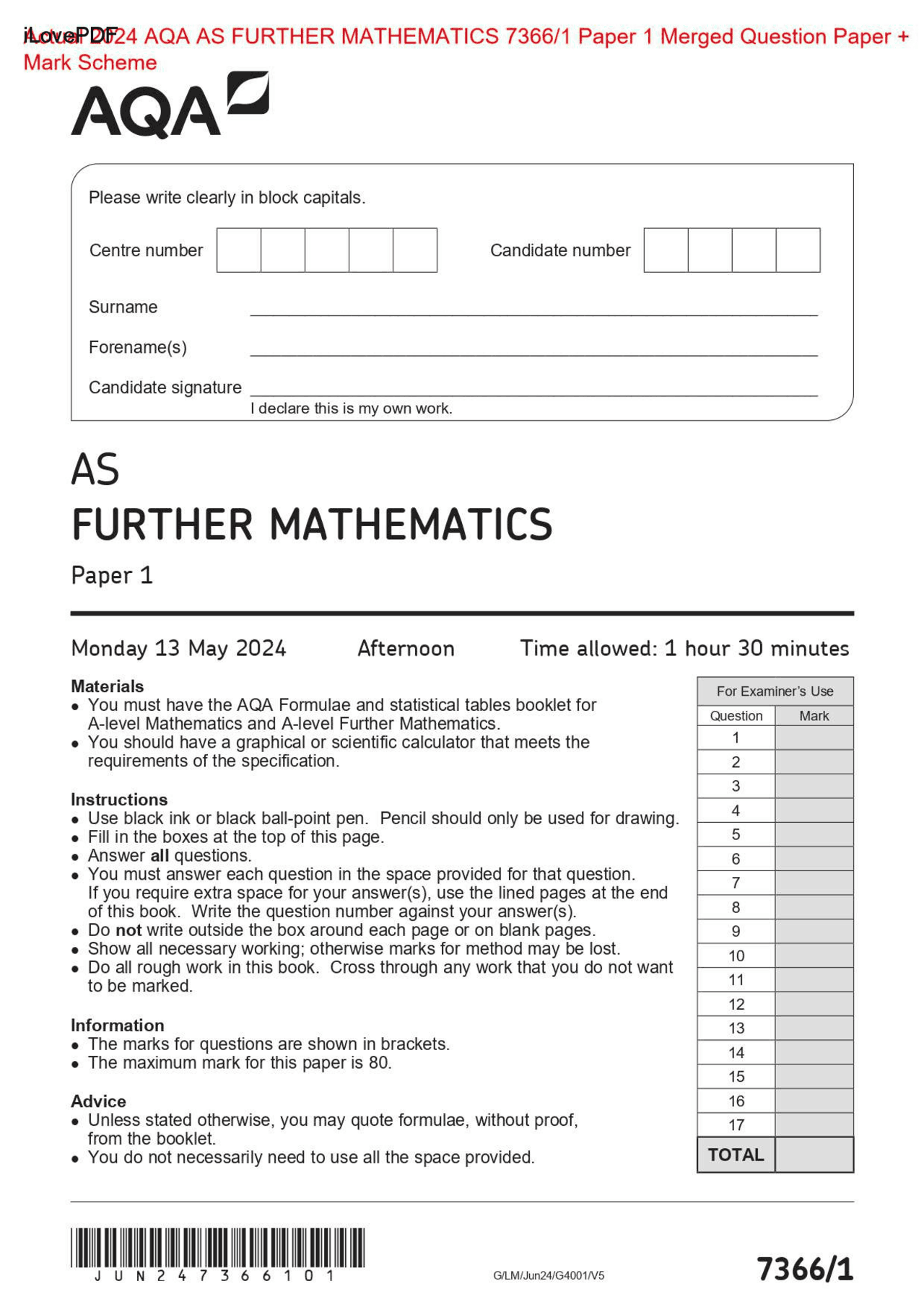 Actual 2024 AQA AS FURTHER MATHEMATICS 7366/1 Paper 1 Merged Question Paper + Mark Scheme ...